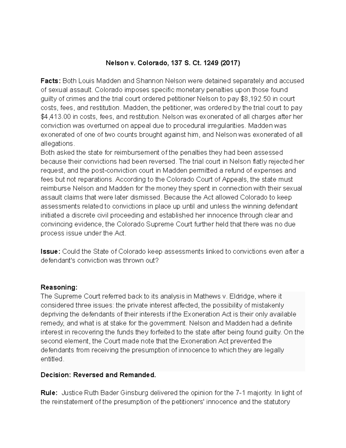 Case Brief 2 - Nelson v. Colorado - Nelson v. Colorado, 137 S. Ct. 1249 ...