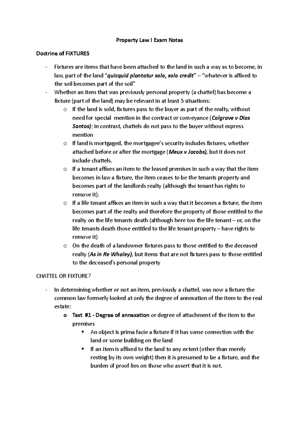 Exam 18 June 2014 - Property Law I Exam Notes Doctrine of FIXTURES ...