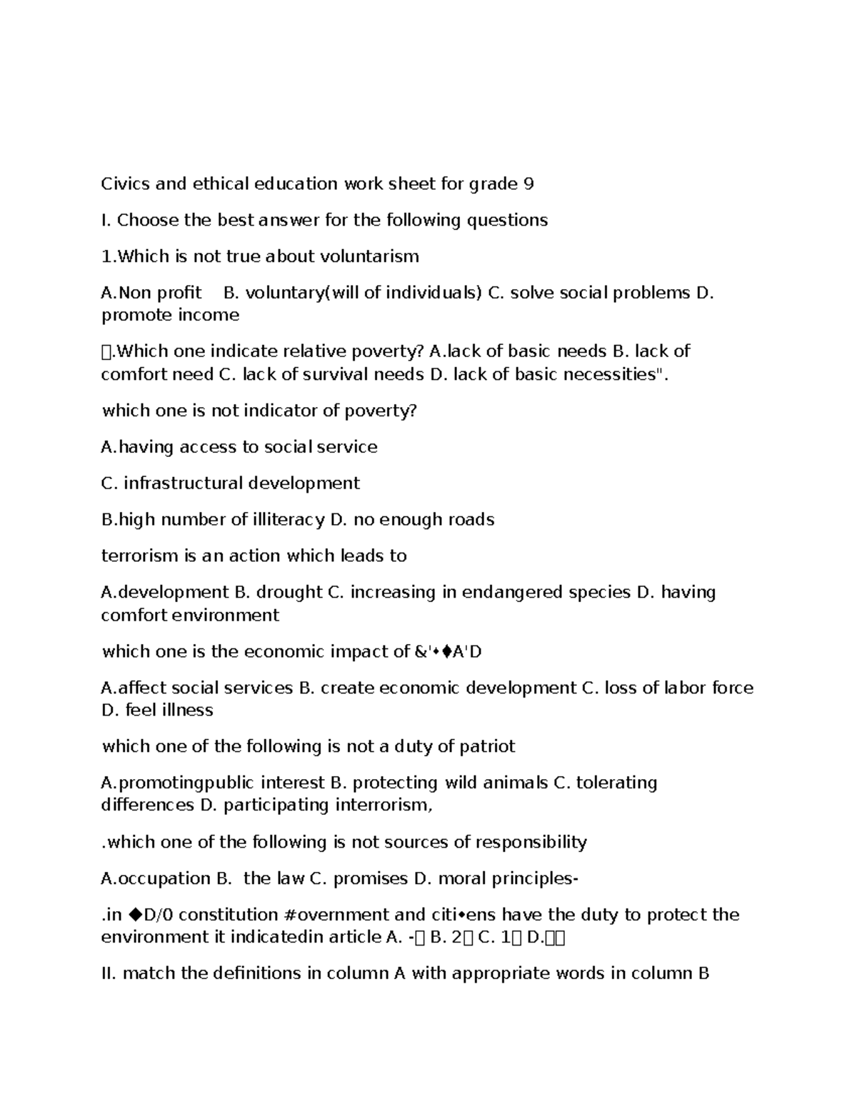 9th final - Civics and ethical education work sheet for grade 9 I ...