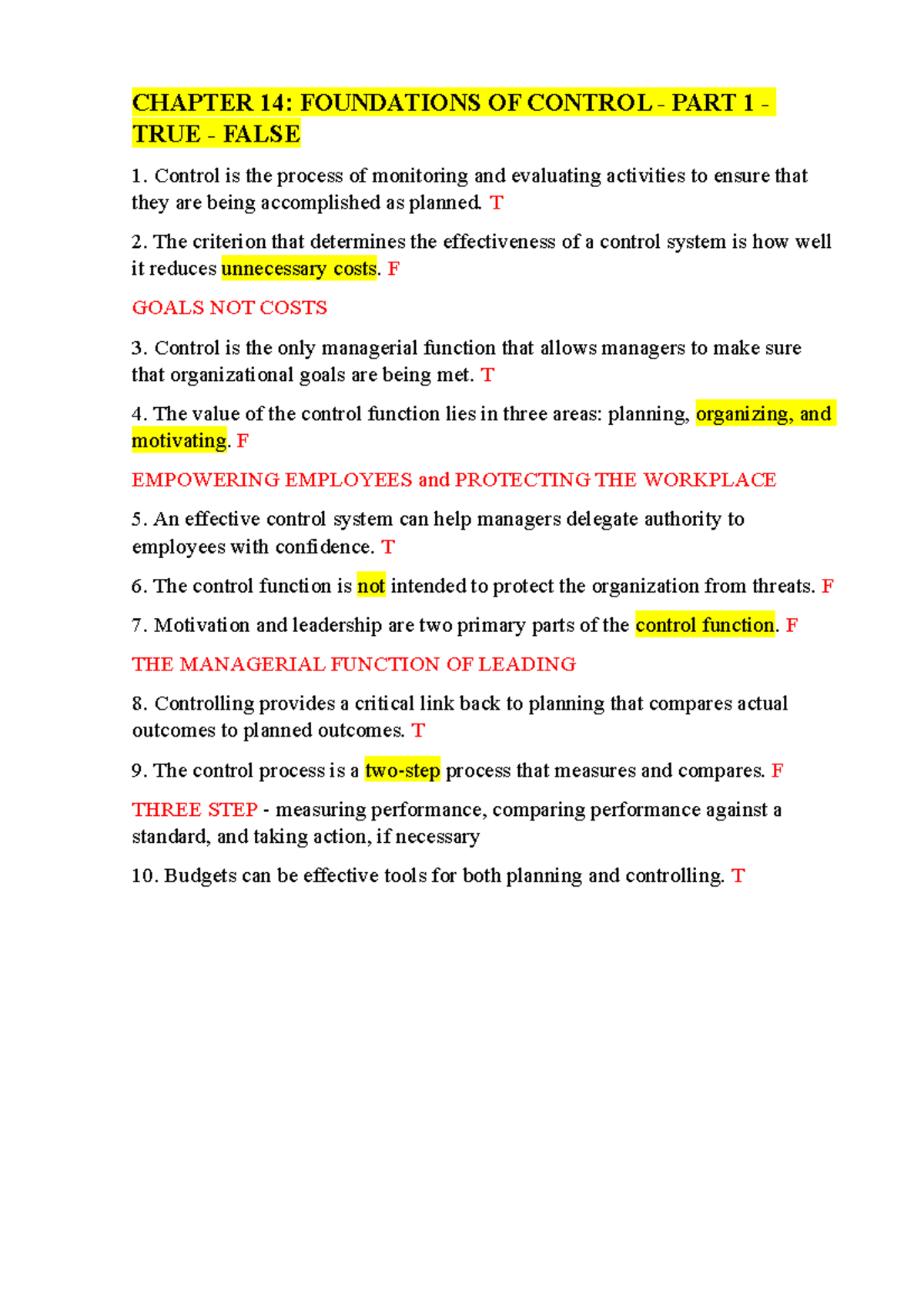 Chapter 14 - Foundations OF Control - PART 1 - TRUE - False - CHAPTER ...