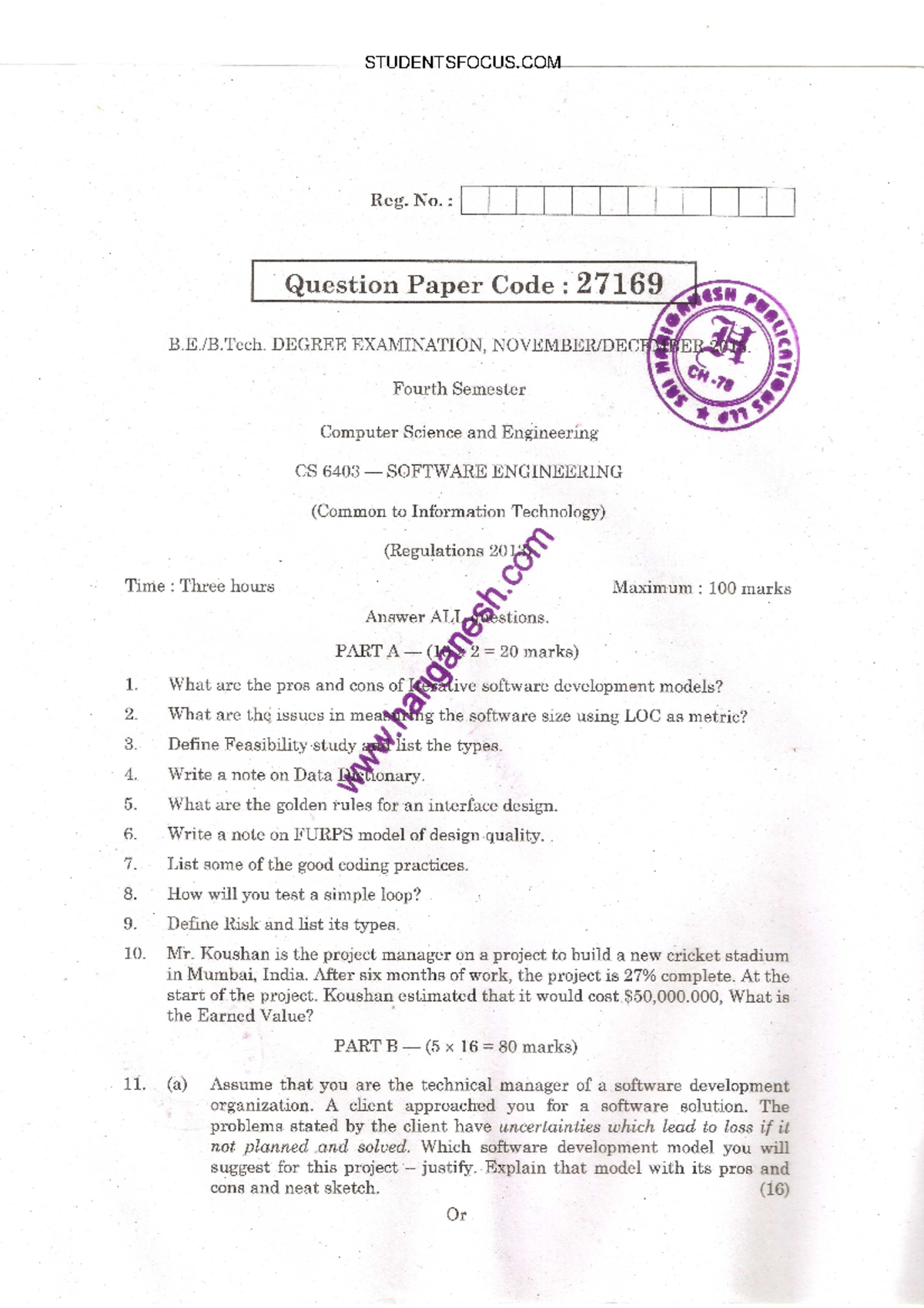 Exam 17 July 2011, questions - Software engineering - STUDENTSFOCUS ...