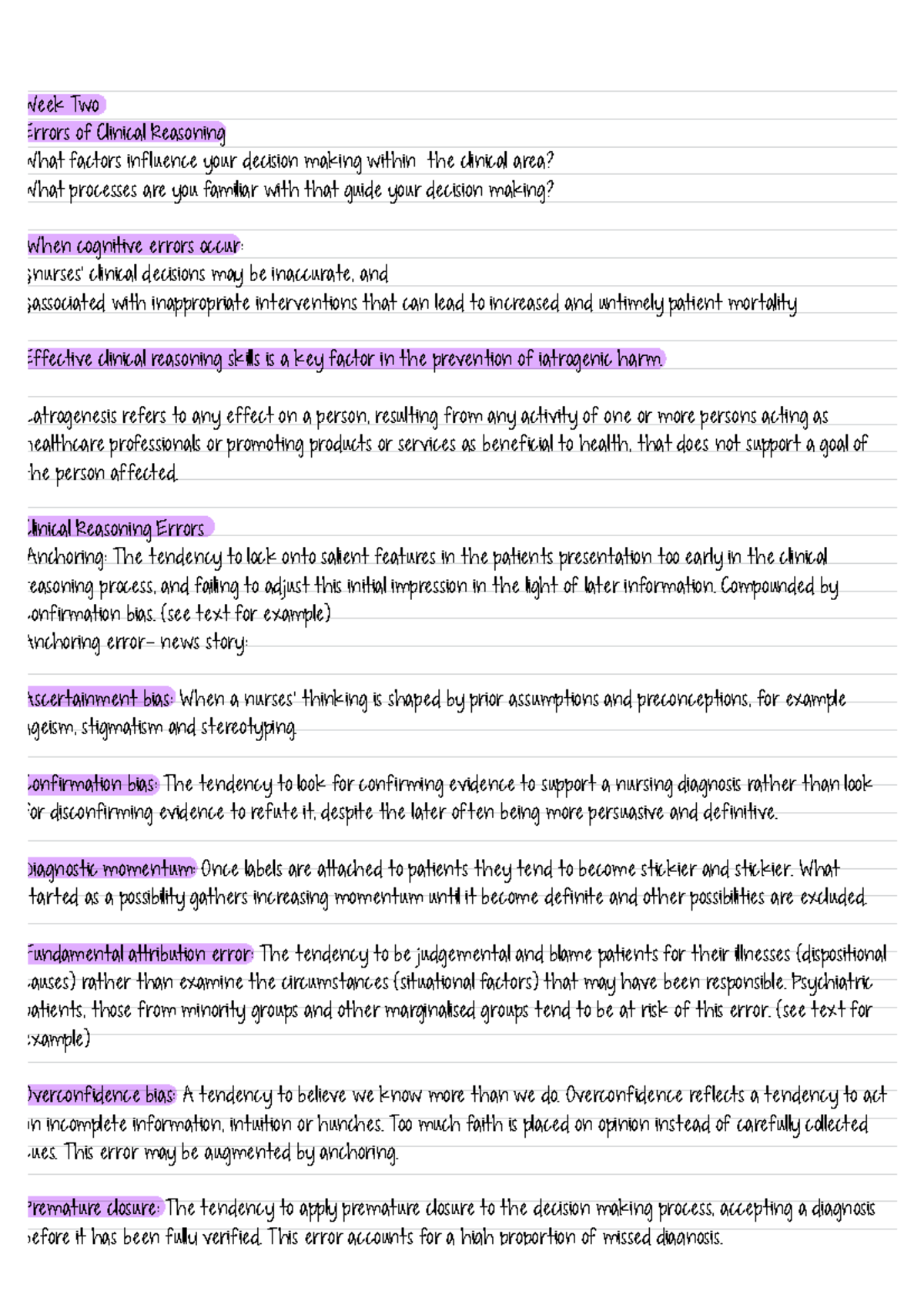 Week 2- Clinical Reasoning - Week Two Errors of Clinical Reasoning What ...