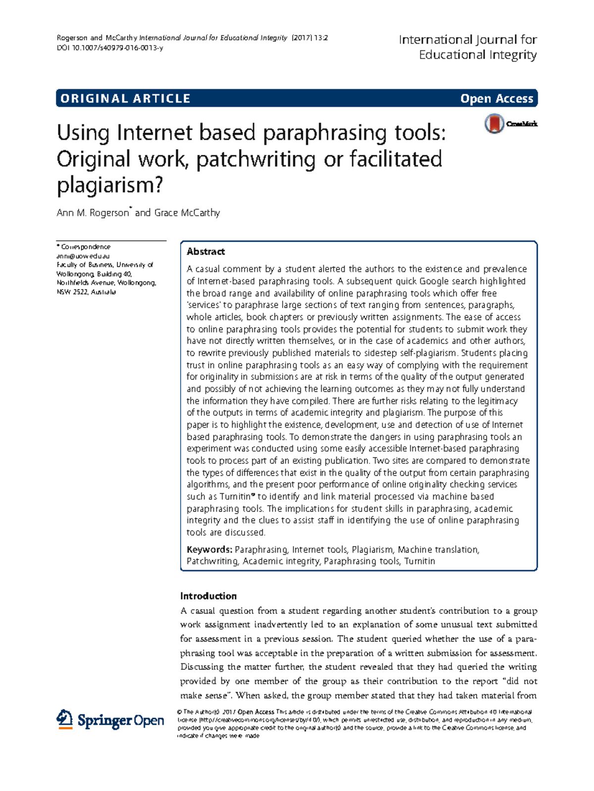 Using Internet Based Paraphrasing Tools Original Work 2r9ezgc59m O R I G I N A L A R T I C L E