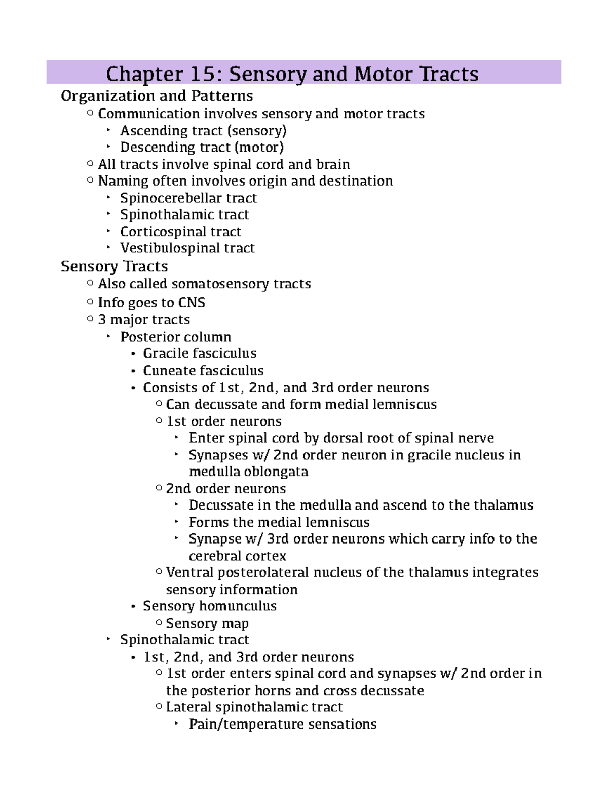Chapter 15 Notes - Chapter 15: Sensory and Motor Tracts Organization ...