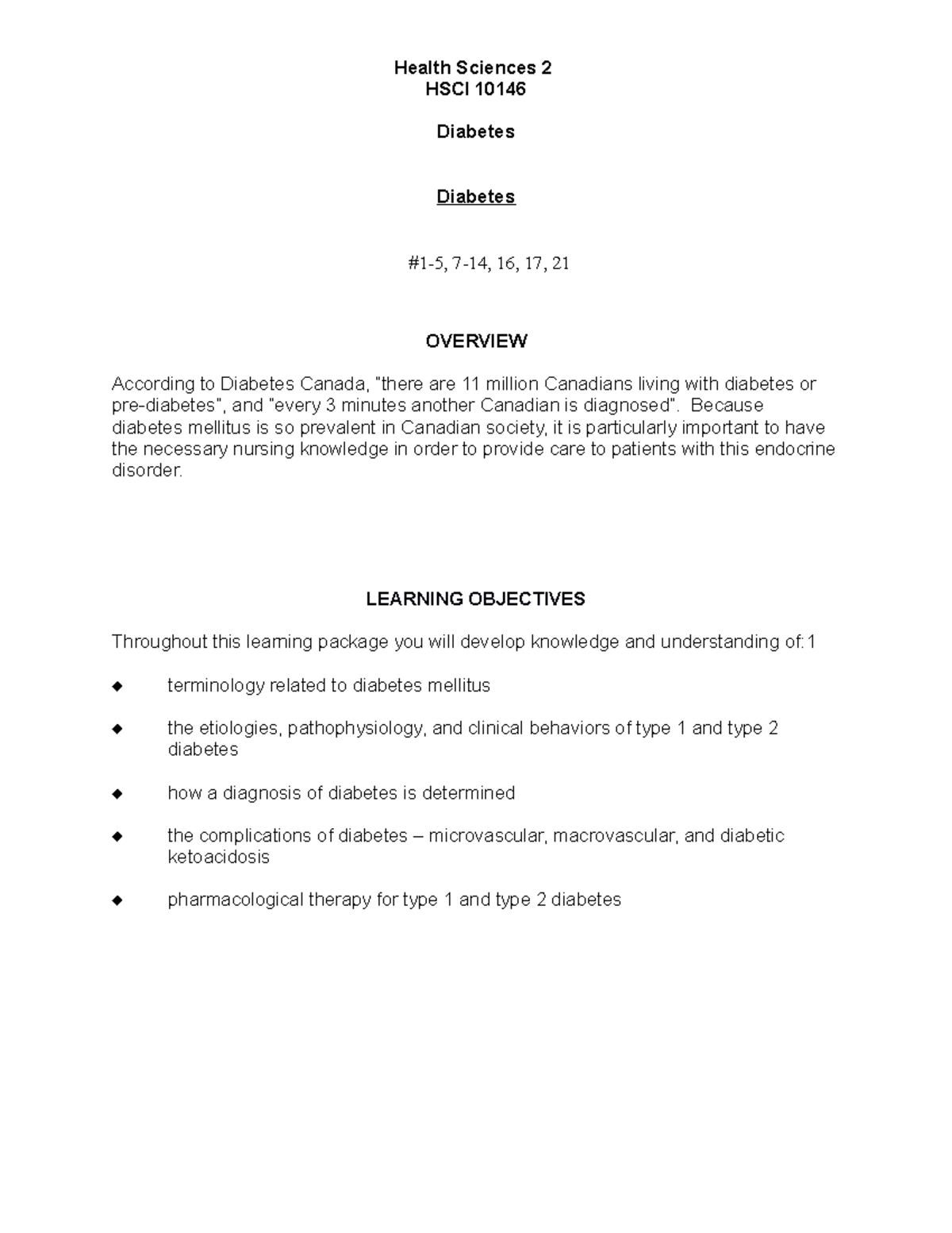 HS2 - Diabetes Learning Package - HSCI 10146 Diabetes Diabetes #1-5, 7 ...