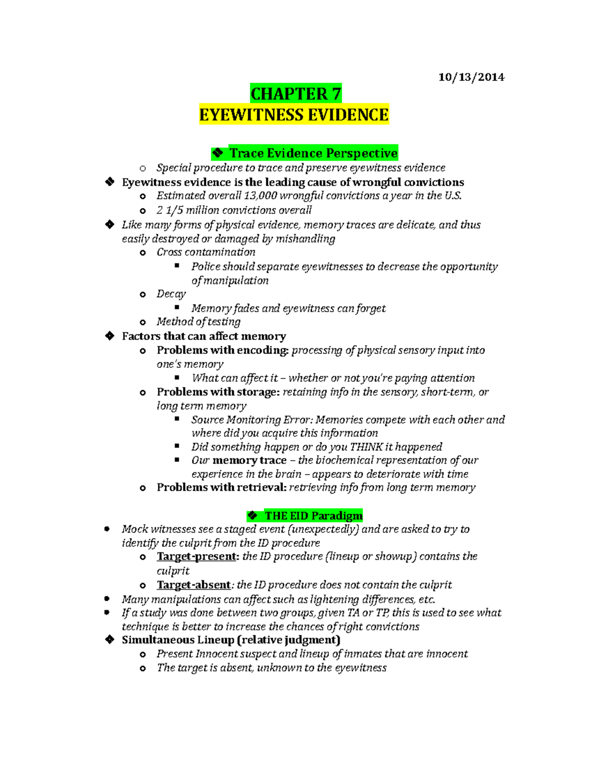 Chapter 7 - Lecture notes 7 - CHAPTER 7 EYEWITNESS EVIDENCE Trace ...