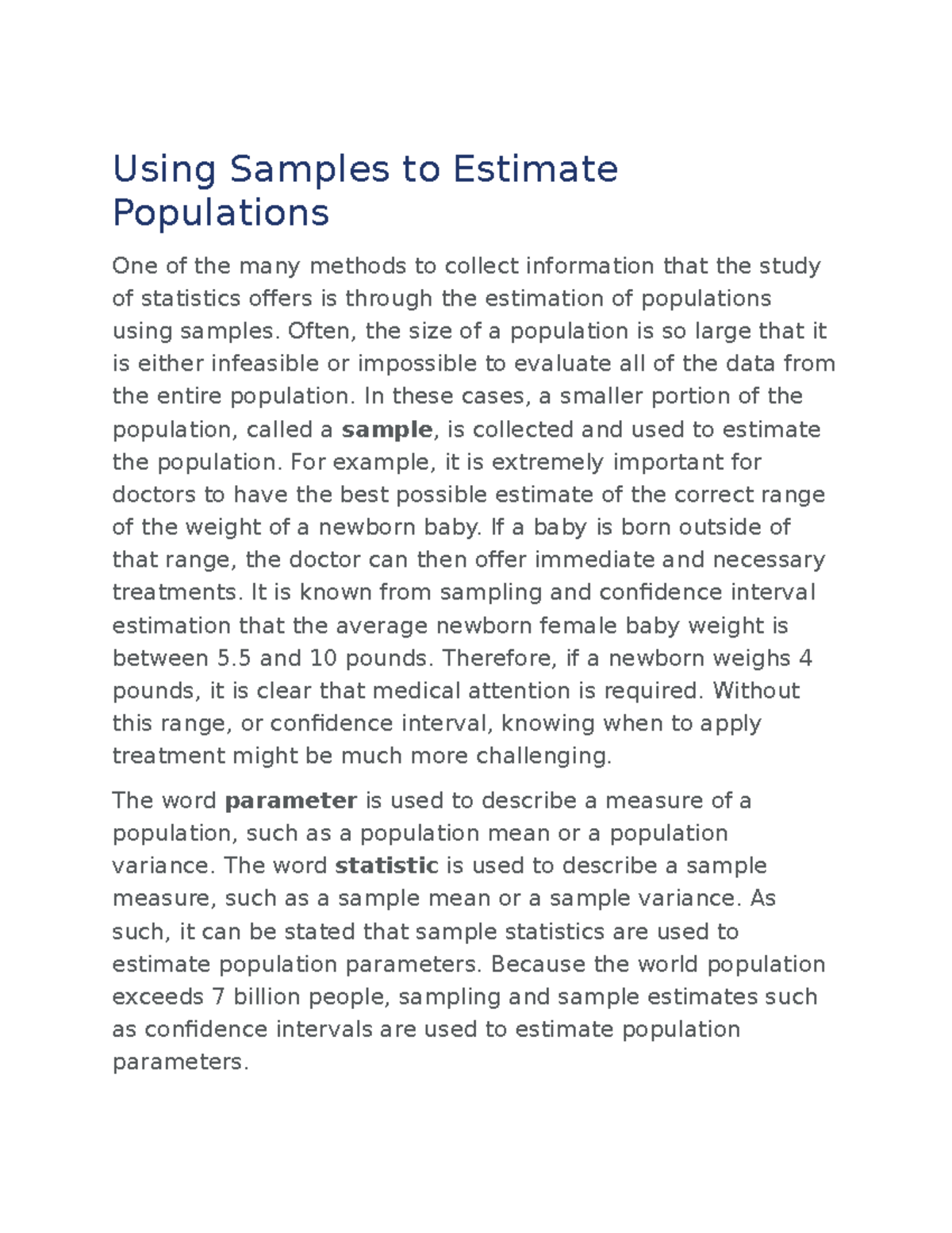 Chapter 8 - Notes from the module. - Using Samples to Estimate ...