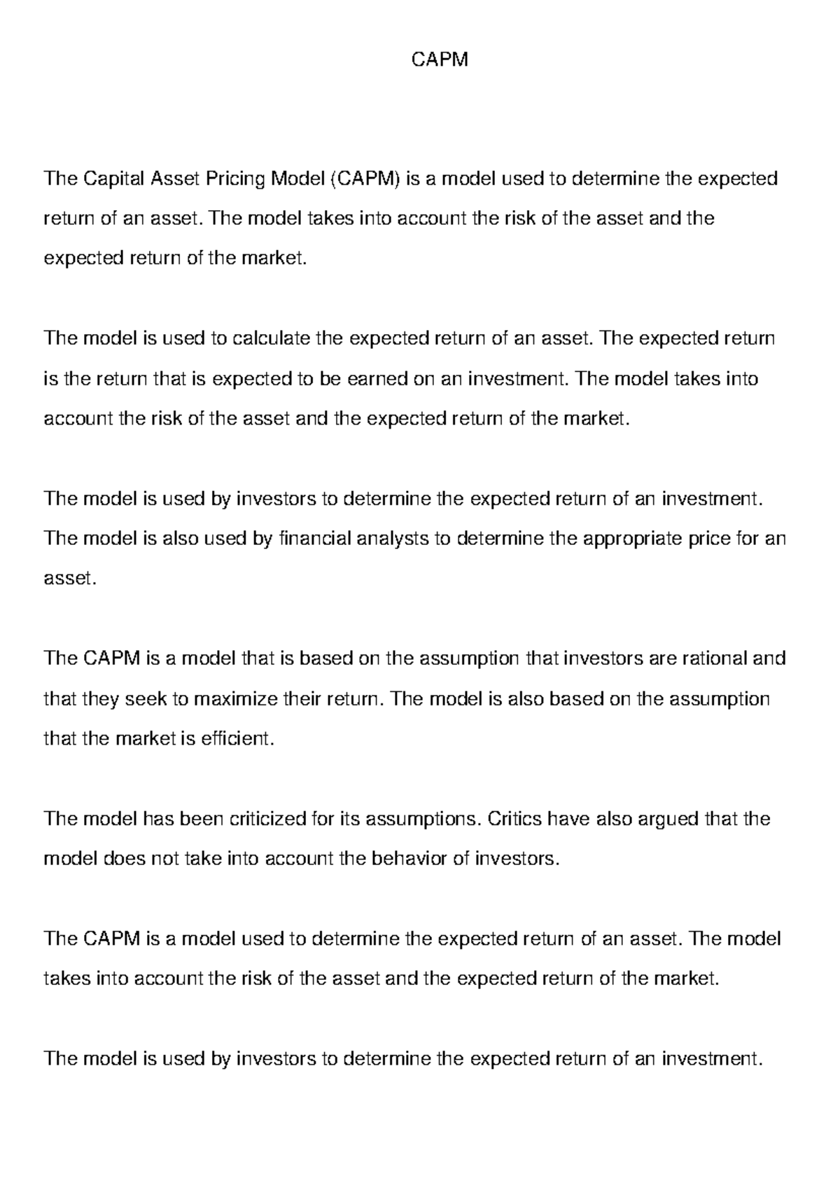 CAPM - COMM 308 - basic notes to understand the concept - CAPM The ...