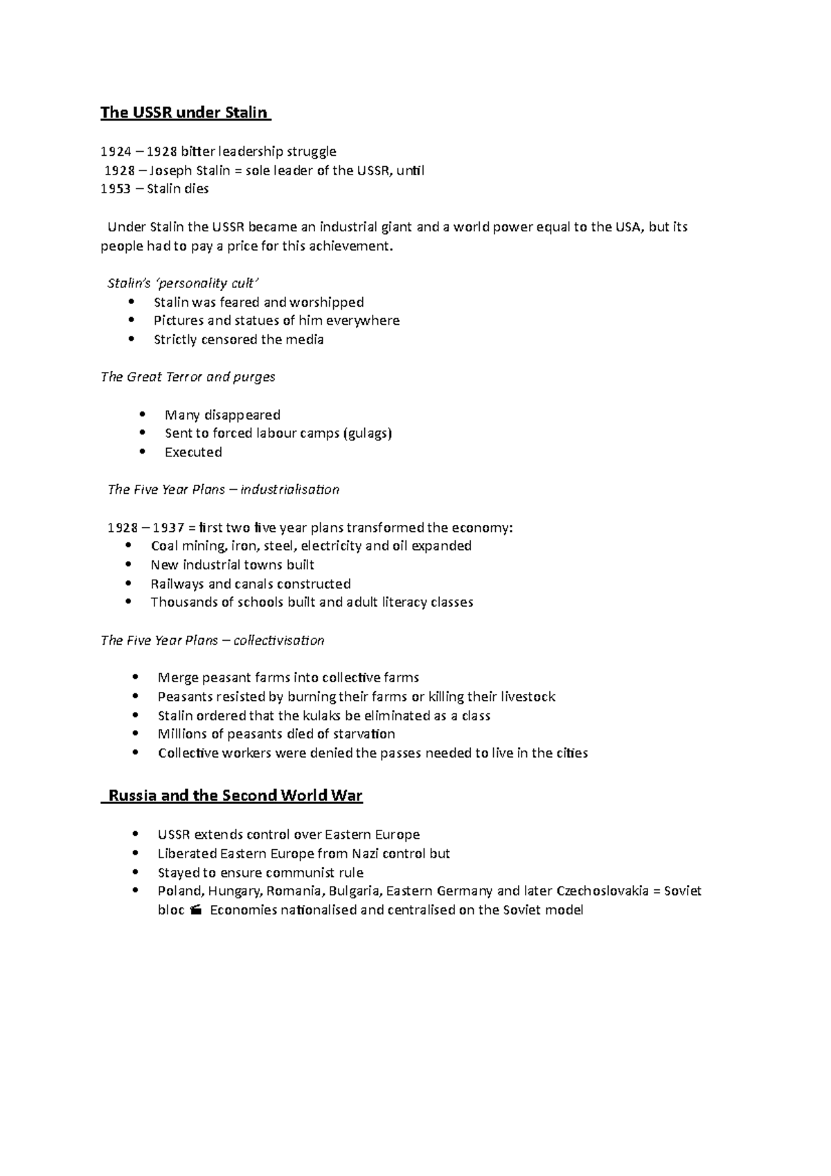 History - Study note summaries for grade 11 and above - The USSR under ...