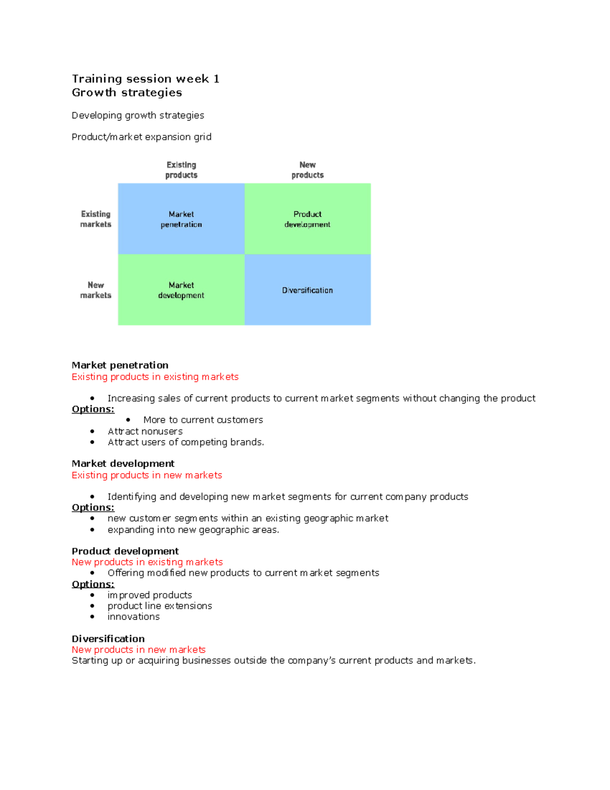 Marketing q4 - Training session week 1 Growth strategies Developing growth strategies Product ...