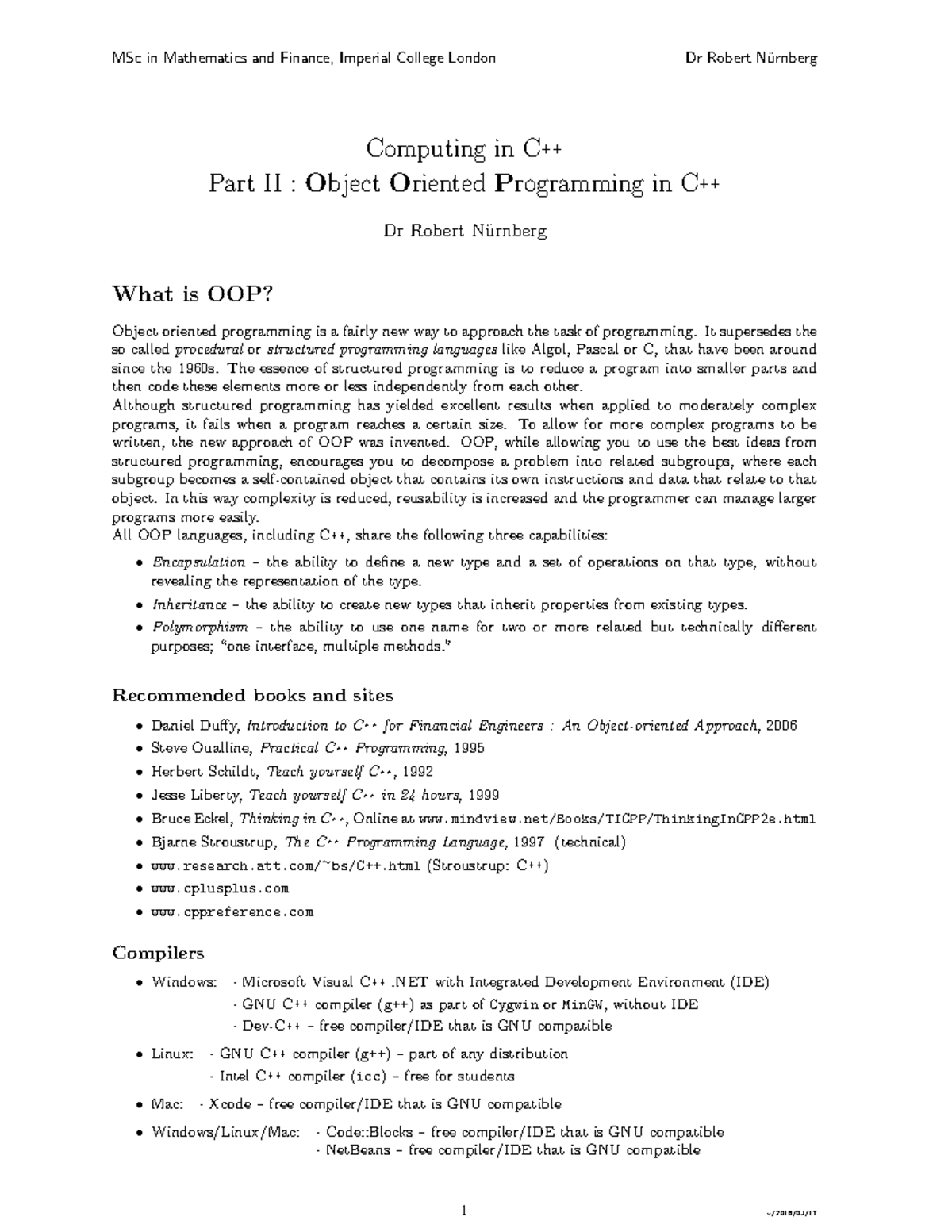 Oopc++ - OBJECT ORIENTED - MSc in Mathematics and Finance, Imperial ...