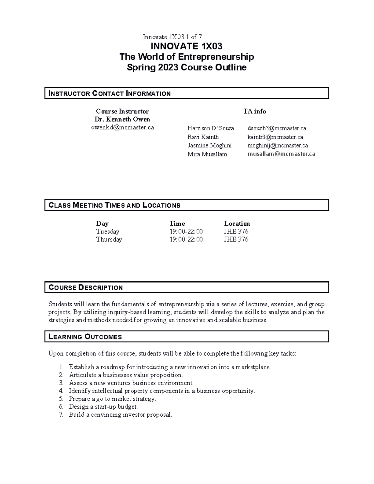 1x03 Course Outline Spring 2023 - INNOVATE 1X The World of ...