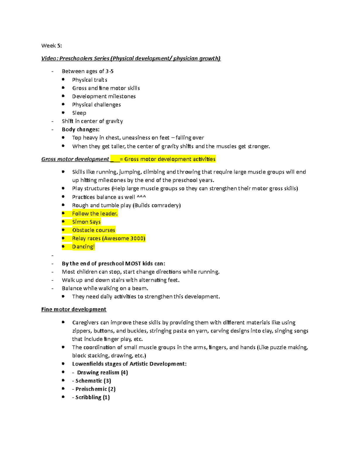 Week 5 Video Lec. Notes - Week 5: Video: Preschoolers Series (Physical ...