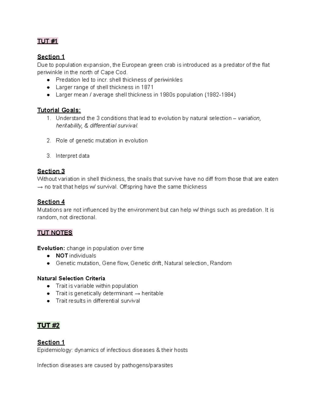 BIO 2483 Tutorials - Tutorial content #1-4 - TUT Section 1 Due to ...
