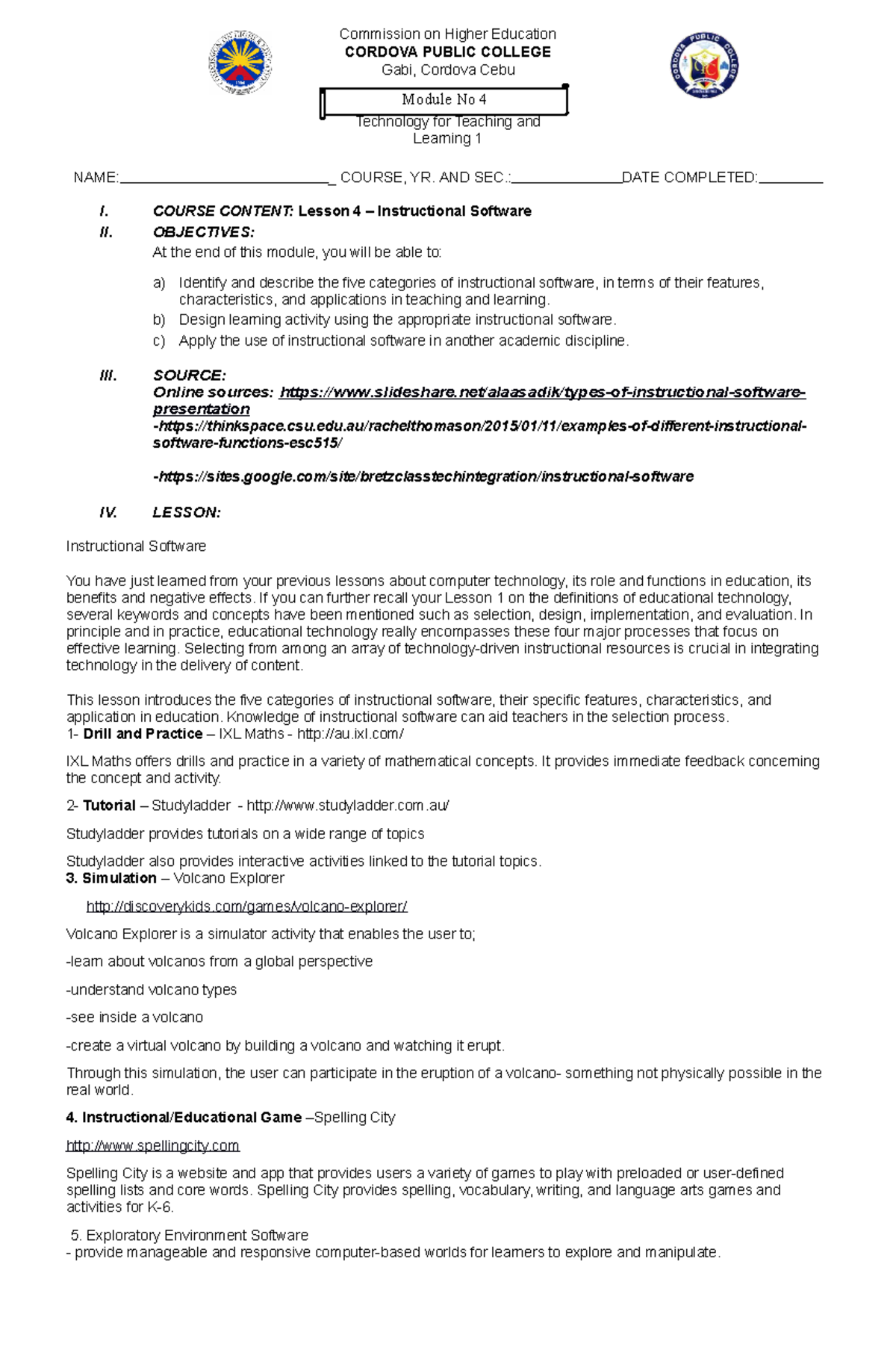 Ttl 1 Module 4 Module No 4 Commission On Higher Education Cordova Public College Gabi 