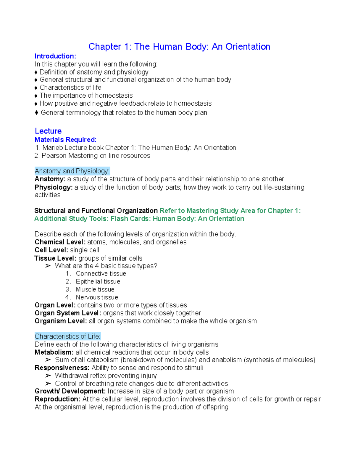 Pearson Chapter 1 Student Worksheet The Human Body - Chapter 1: The ...