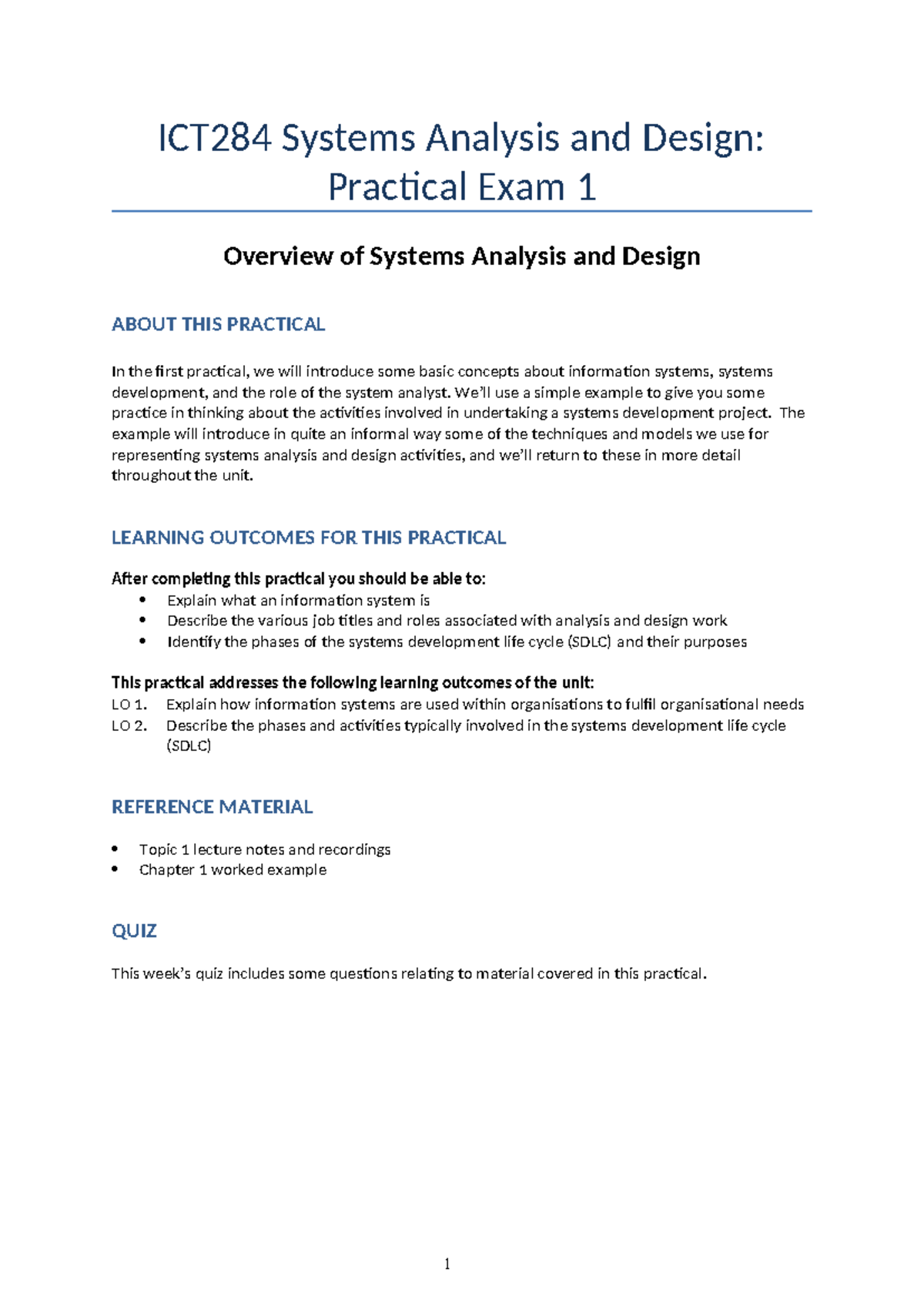 Practical Examination 1 - Overview of SAD - ICT284 Systems Analysis and ...