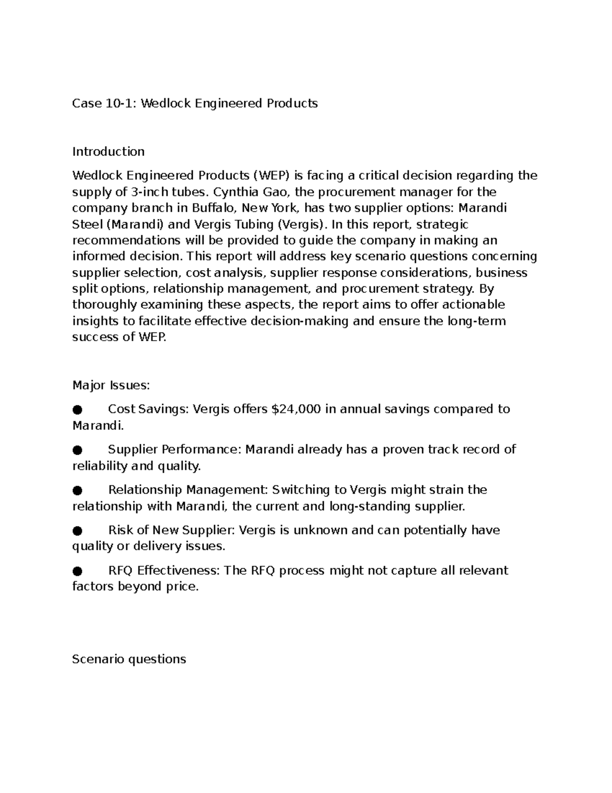 Case Study 2- Wedlock - Case 10-1: Wedlock Engineered Products ...