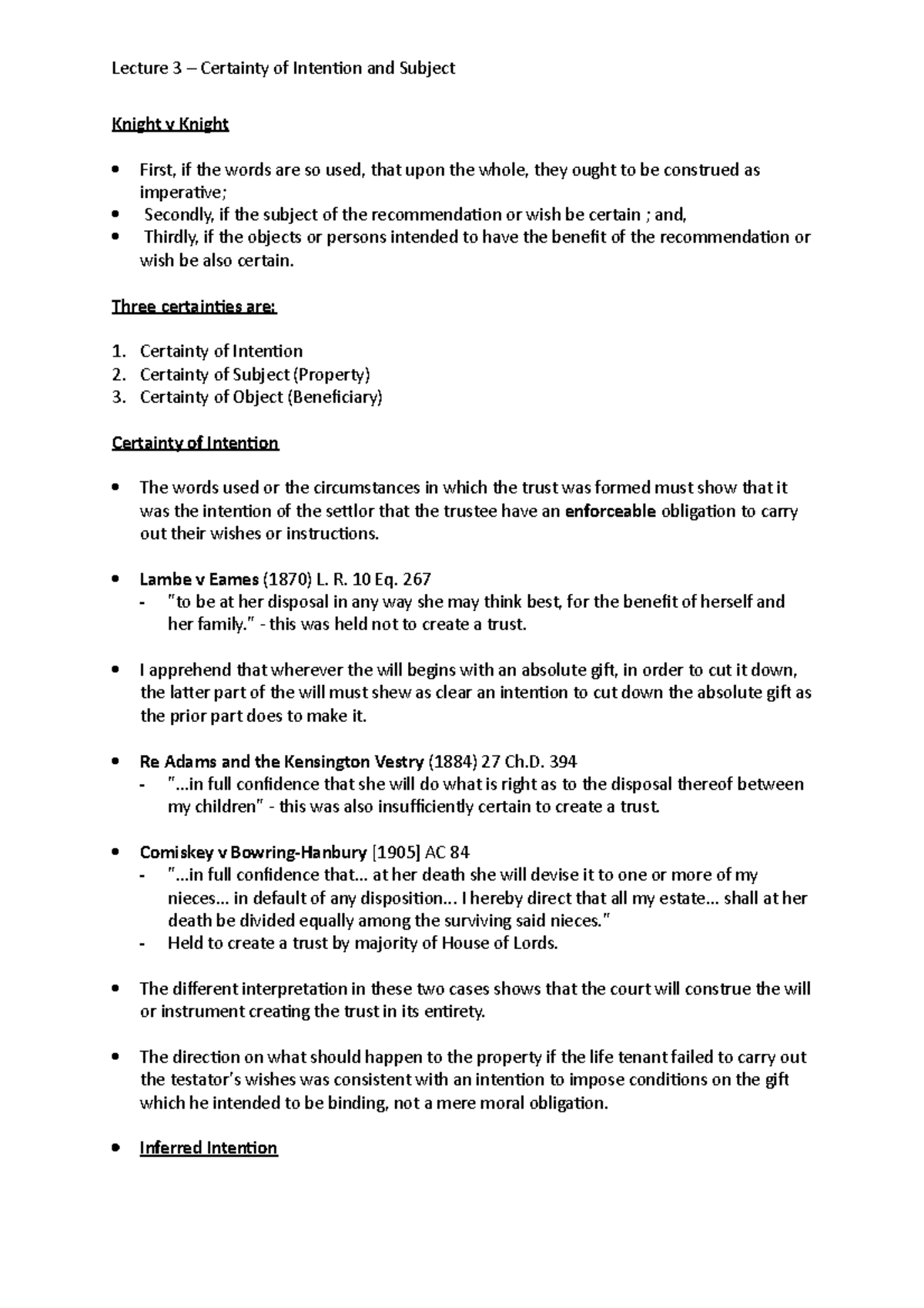 Lecture 3 - Certainty of Intention and Subject - Knight v Knight First, if the words are so used ...