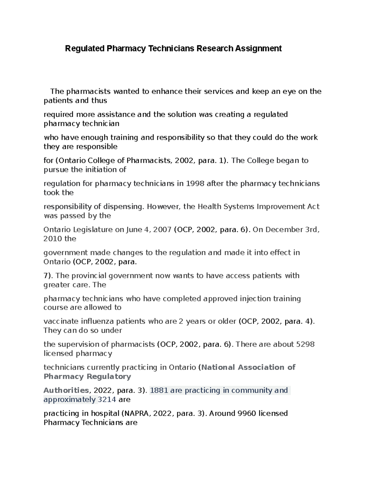 Regulated Pharmacy Technicians Research Assignment submission ...