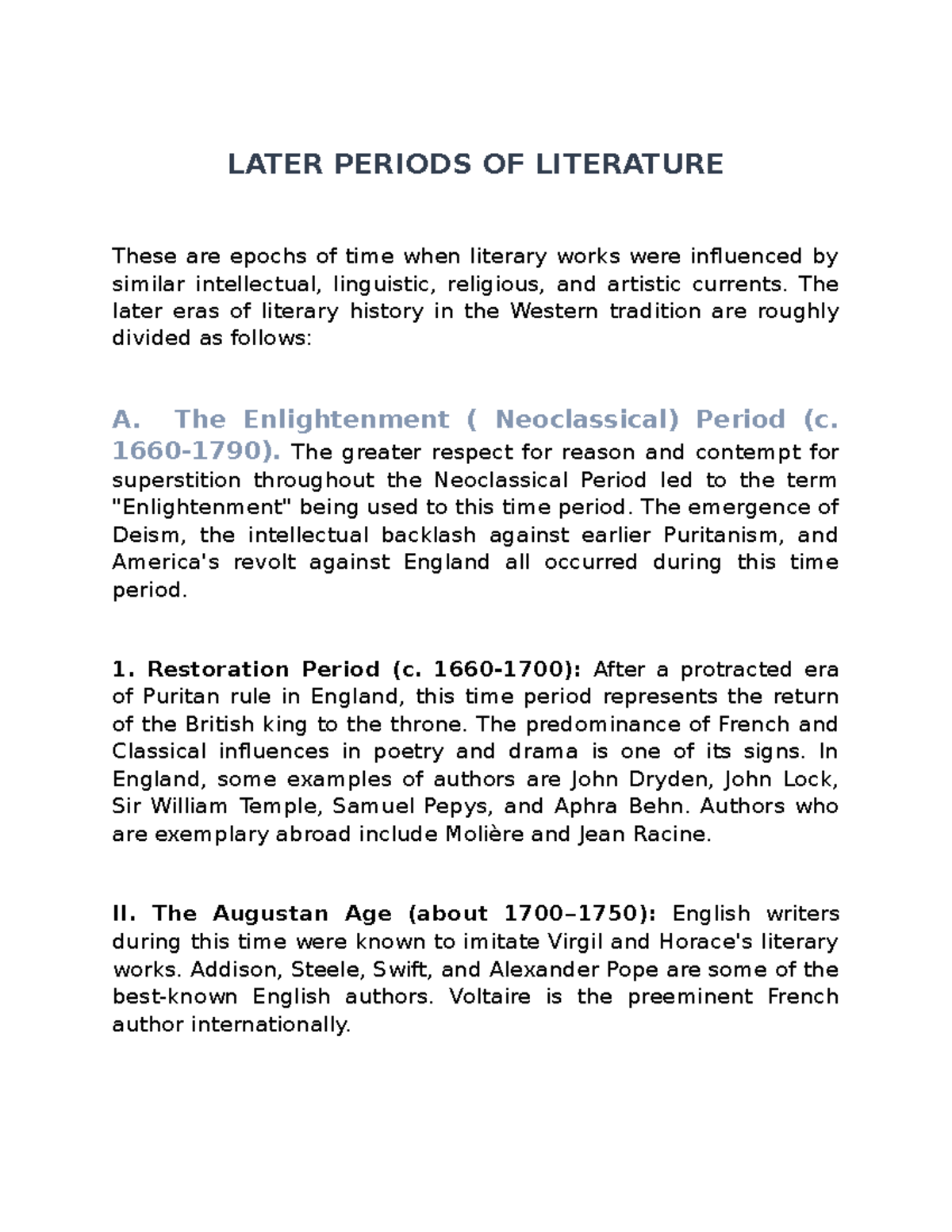 Later Periods OF Literature - LATER PERIODS OF LITERATURE These are ...