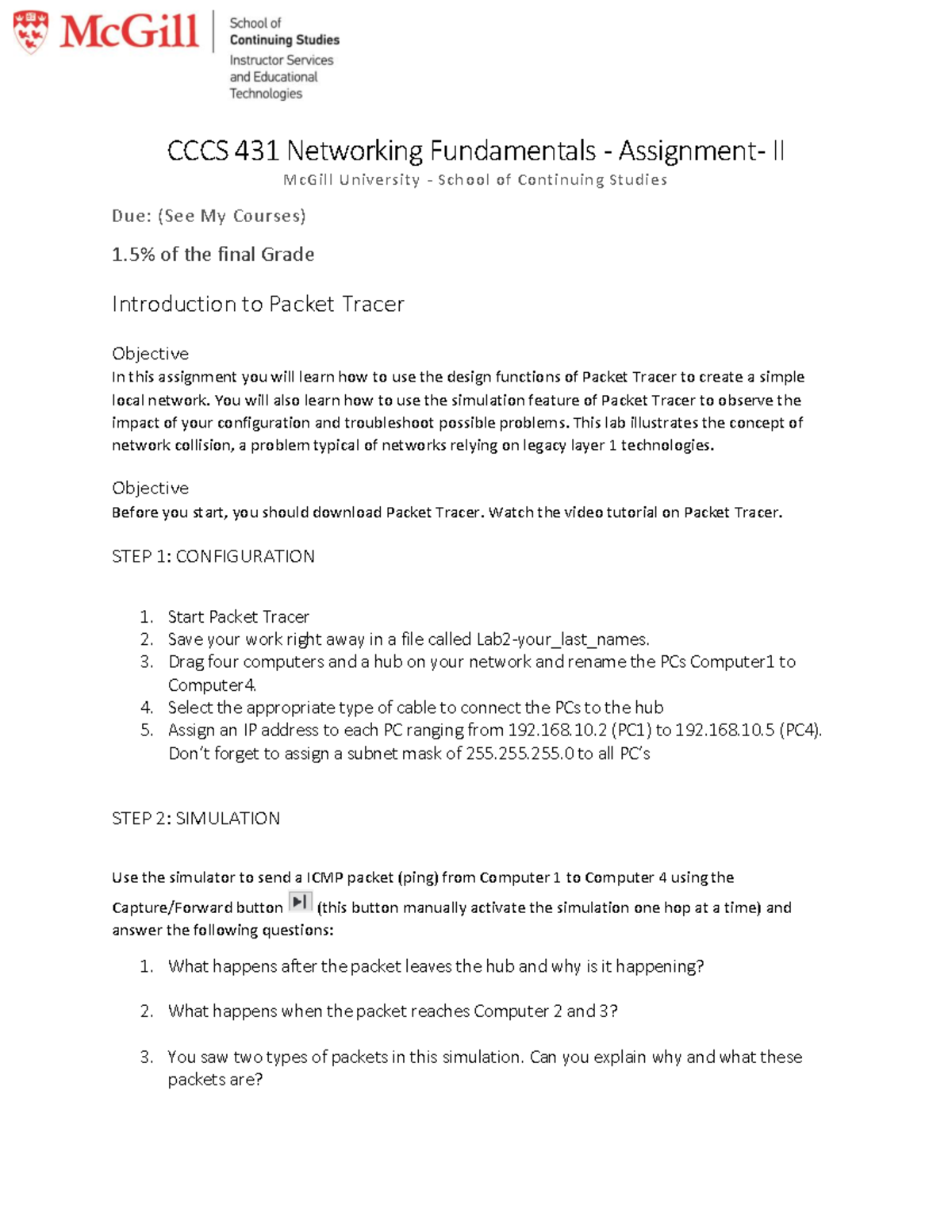 Cccs431.2022w.a02 Introdution to Packet Tracer assignment 2 - CCCS 431 Networking Fundamentals ...