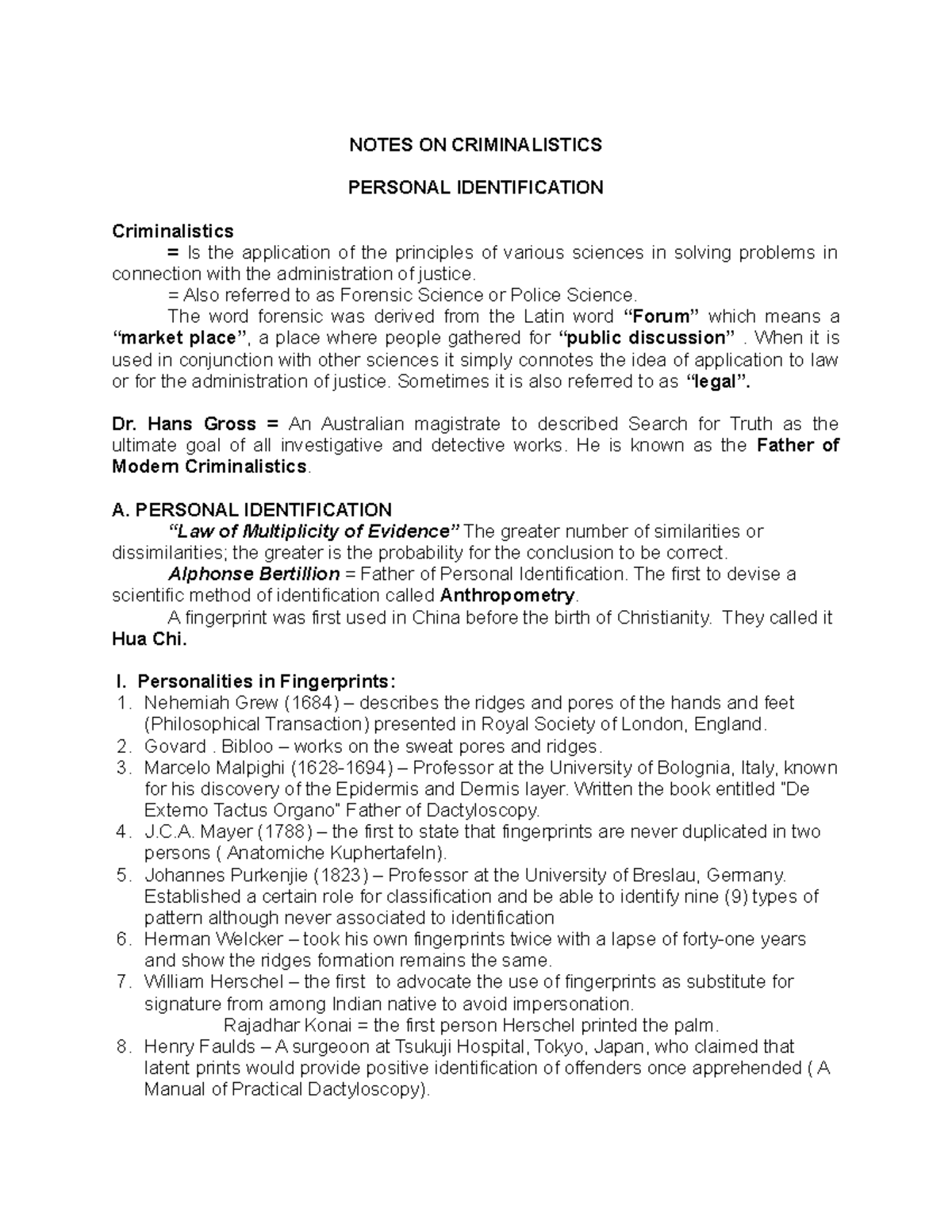 Personal identification - NOTES ON CRIMINALISTICS PERSONAL ...