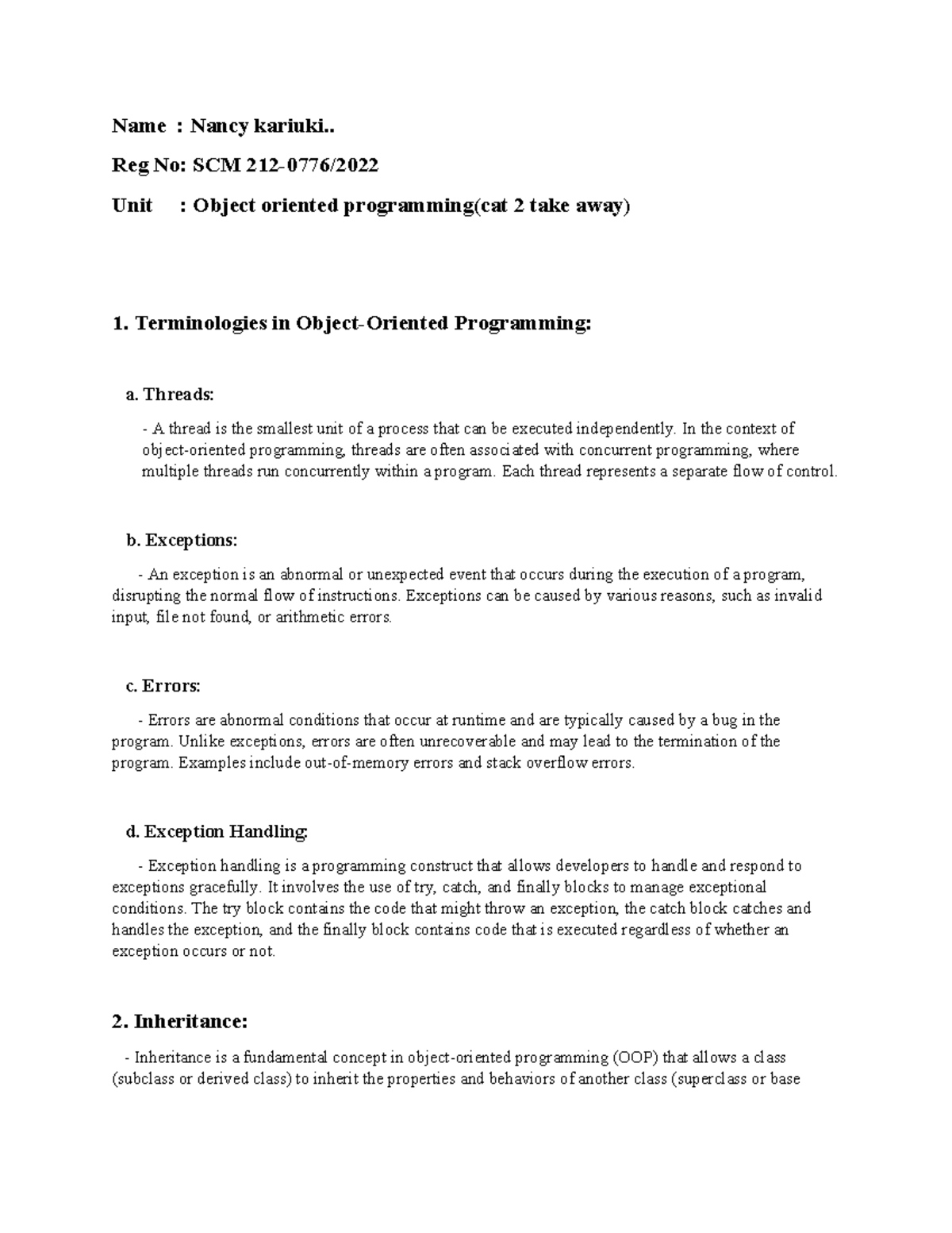Object oriented programming - Name : Nancy kariuki.. Reg No: SCM 212-0776/ Unit : Object ...