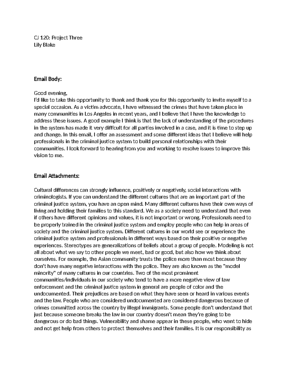 CJ 120 Project three - CJ 120: Project Three Lily Blake Email Body ...