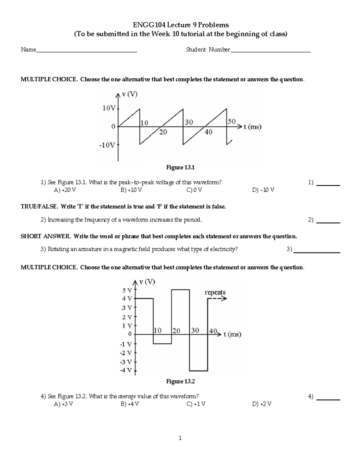 ENGG104 Tut9 sol - Tutorial 9 questions and solutions - ENGG104 Lecture 9 Problems (To be ...