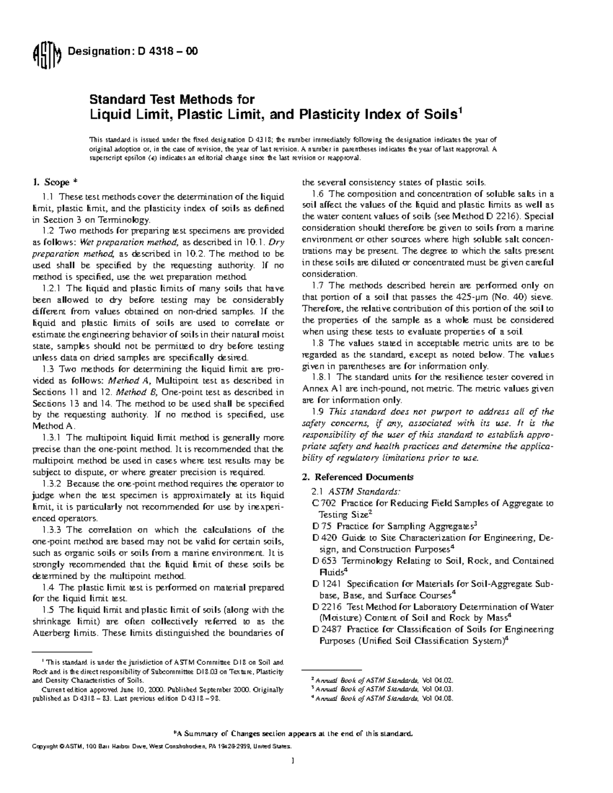 D 4318 - 00 Standard Test Methods for Liquid Limit, Plastic Limit and ...