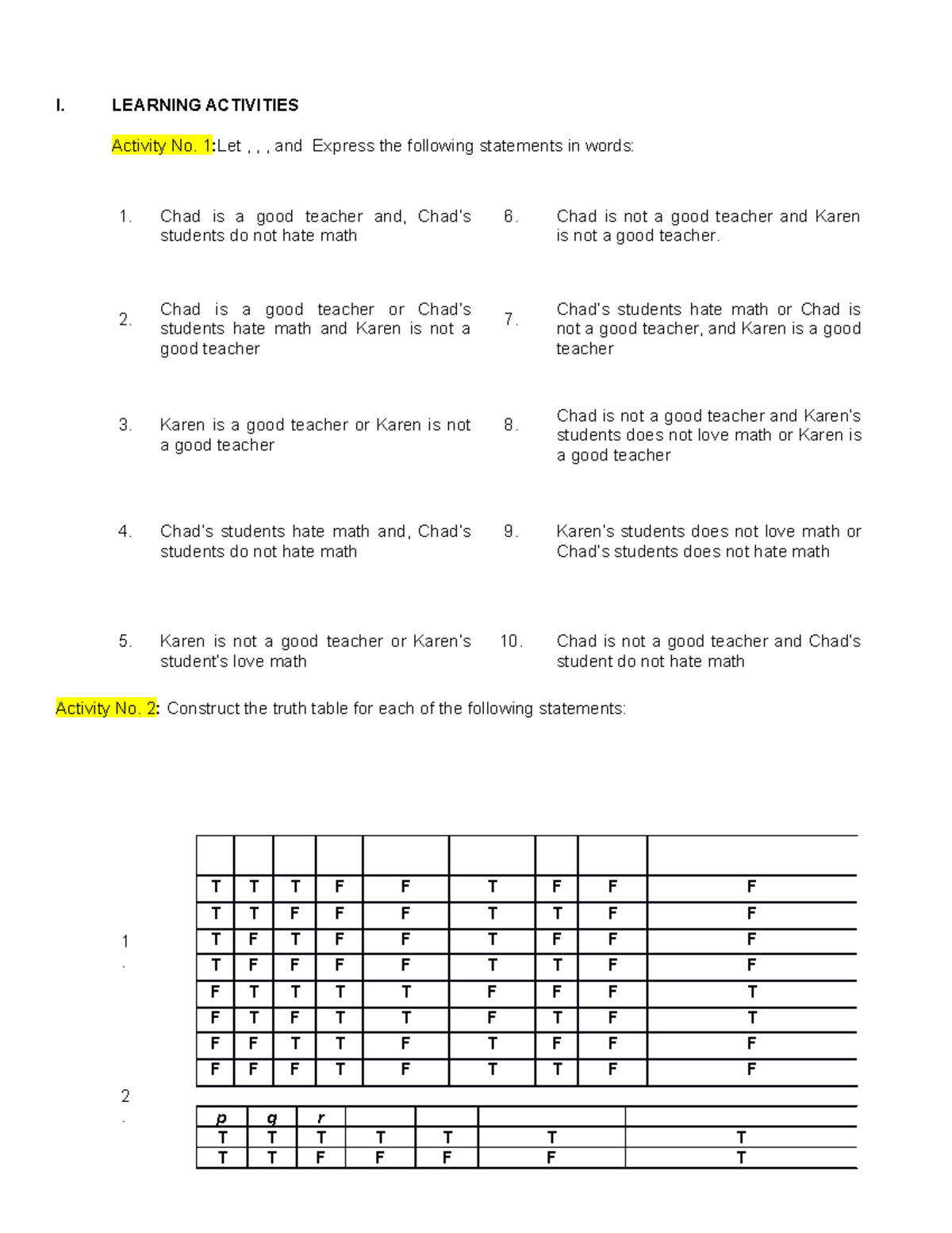 MOD# 6 GE MATH - True table - I. LEARNING ACTIVITIES Activity No. 1:Let ...