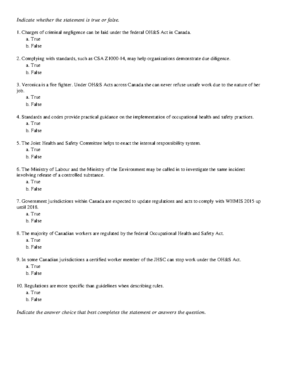 OHS Test Bank - OHS TESTBNK - Indicate whether the statement is true or ...