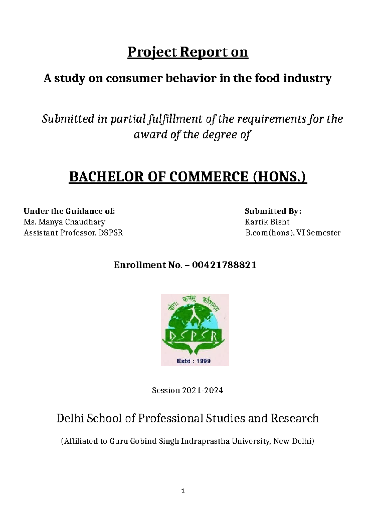 FOOD Industry - Project Report on A study on consumer behavior in the ...