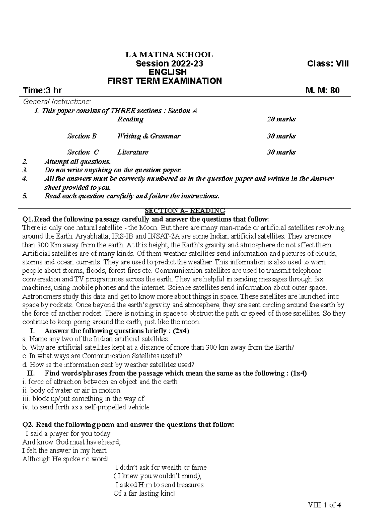 Class 8 English English Previous Year Question Paper 8 - VIII 1 of 4 LA ...