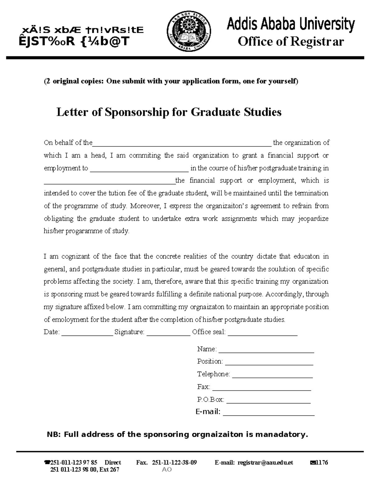 AAU Sponsorship Letter Form - ÊJST‰R {¼b@T Office of Registrar (2 ...