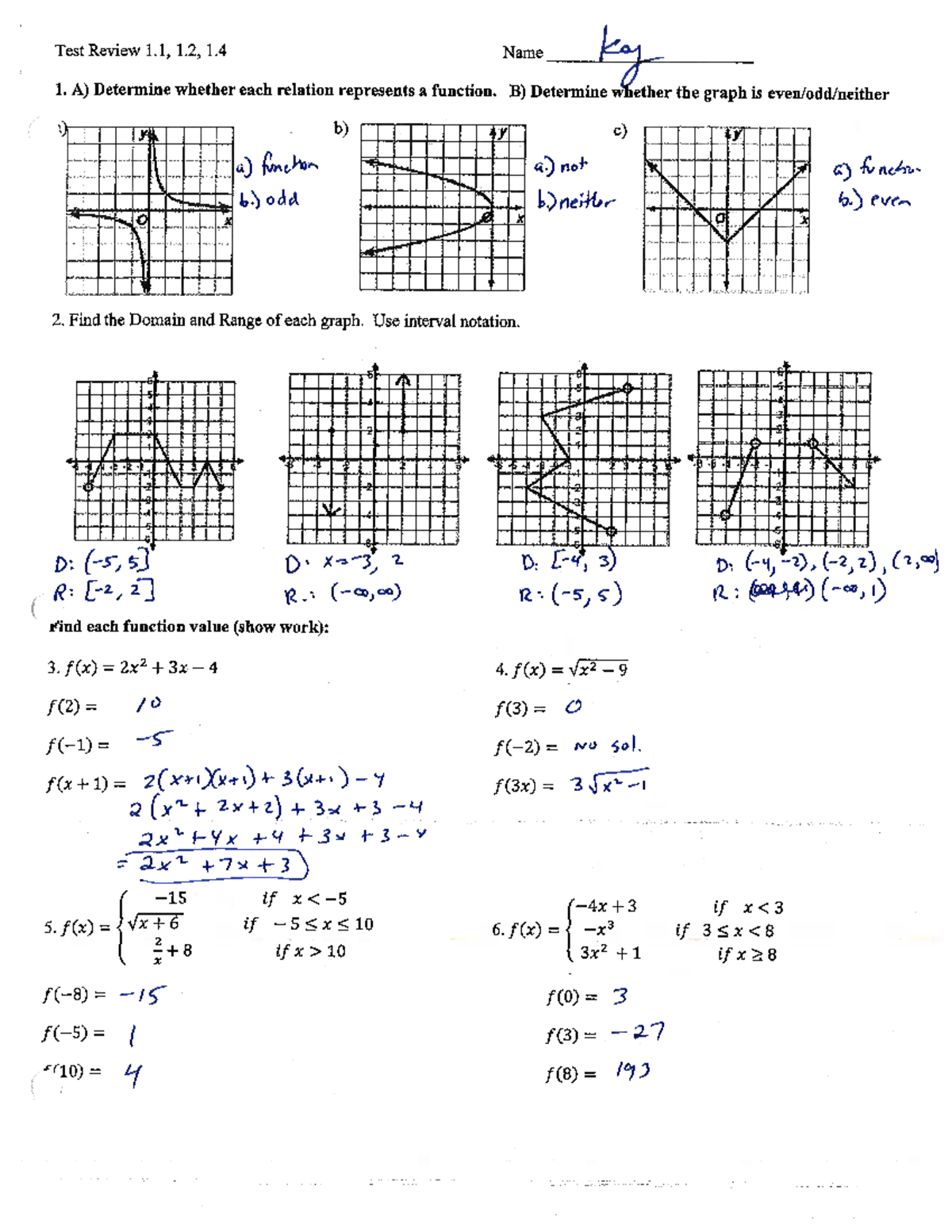Key - answer key to test review sheet - MATH 1710 - UNT - Studocu