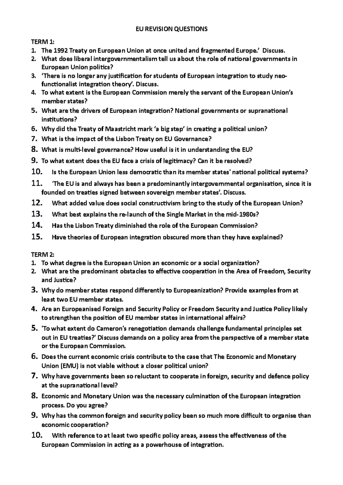EU Revision Questions - EU REVISION QUESTIONS TERM 1: The 1992 Treaty ...