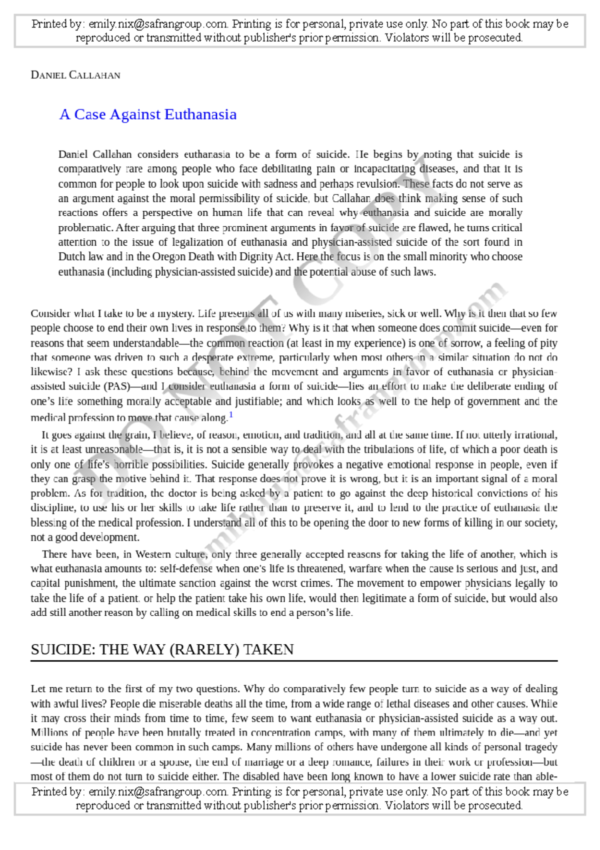 A Case Against Euthanasia” by Daniel Callahan - BBA 4751 - reproduced or transmitted without ...