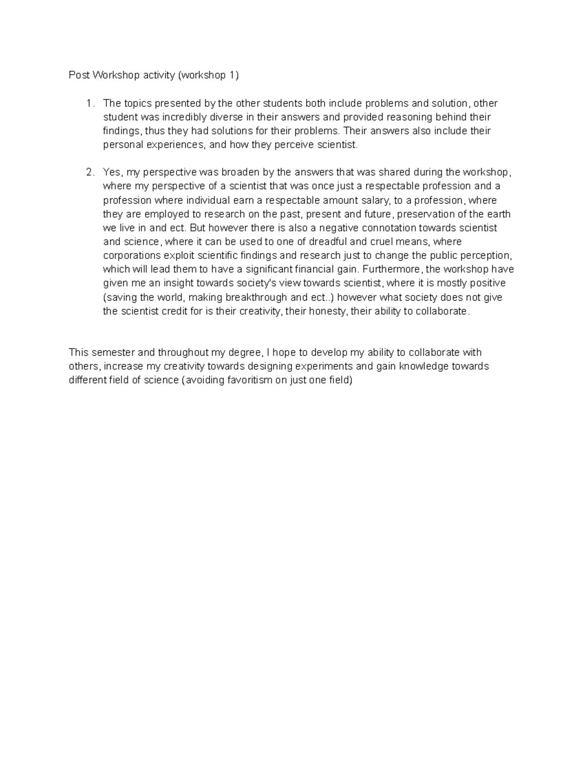 PSP Workshop 1 - Post Workshop activity (workshop 1) The topics ...