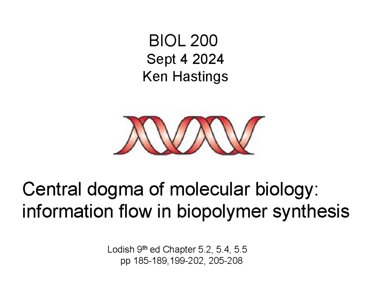KH2 Central dogma of molecular biology - BIOL 200Sept 4 2024Ken Hastings Central dogma of ...