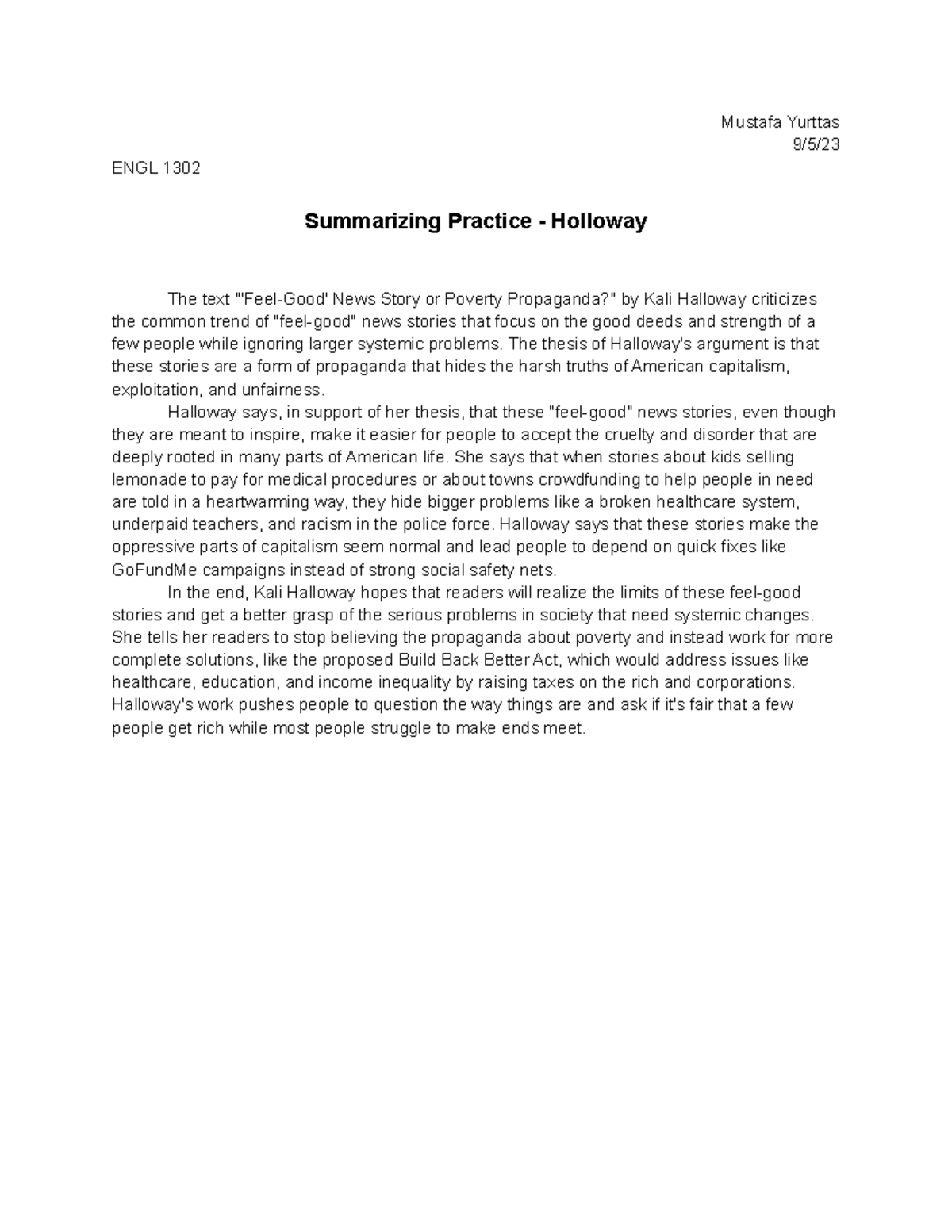 Mustafa Yurttas Summarizing Practice - Holloway - Mustafa Yurttas 9/5 ...