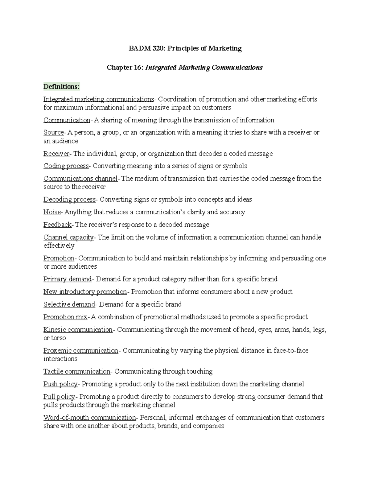 Principles of Marketing Ch 16 Terms - BADM 320: Principles of Marketing ...