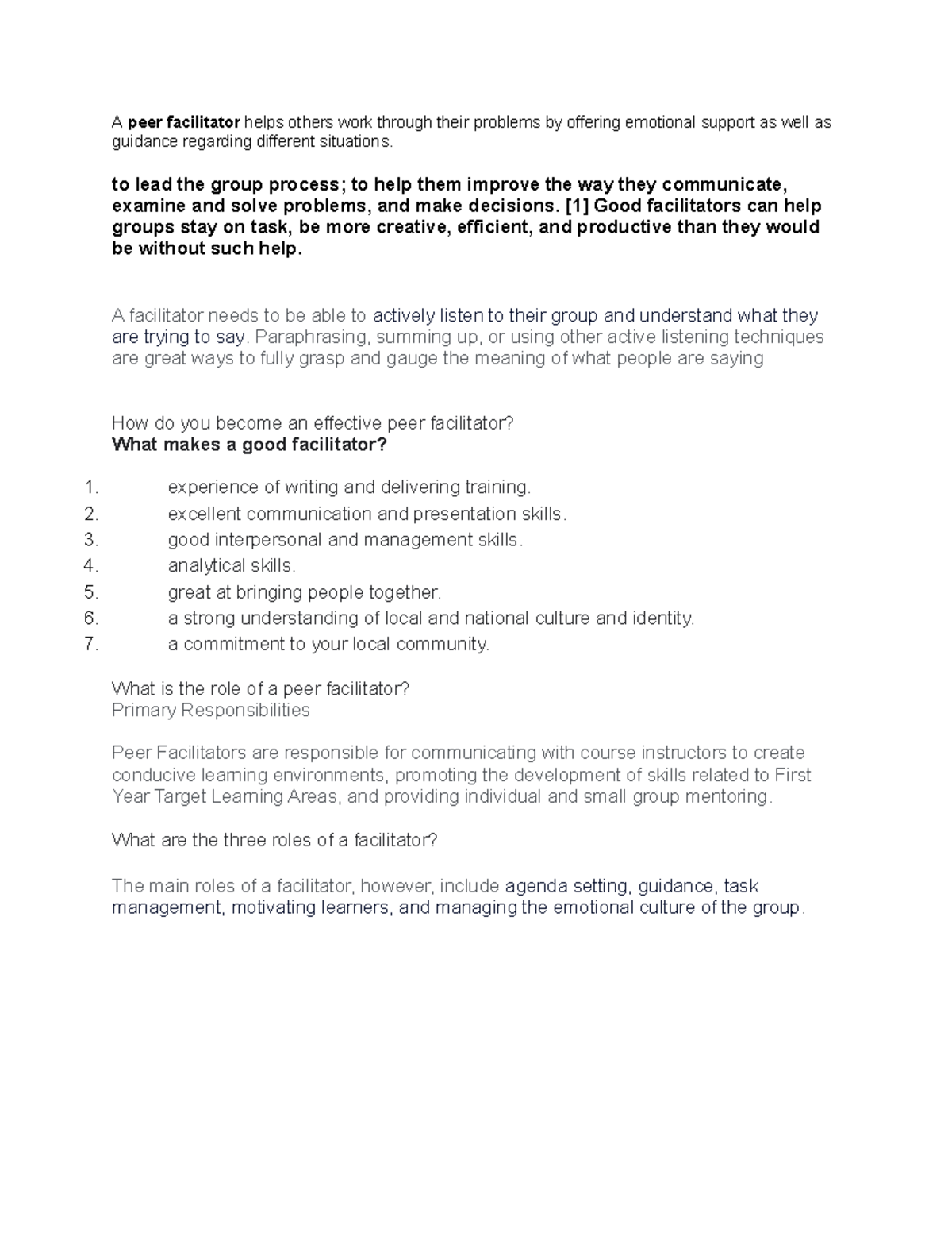Peer Role and Responsibilities - A peer facilitator helps others work ...