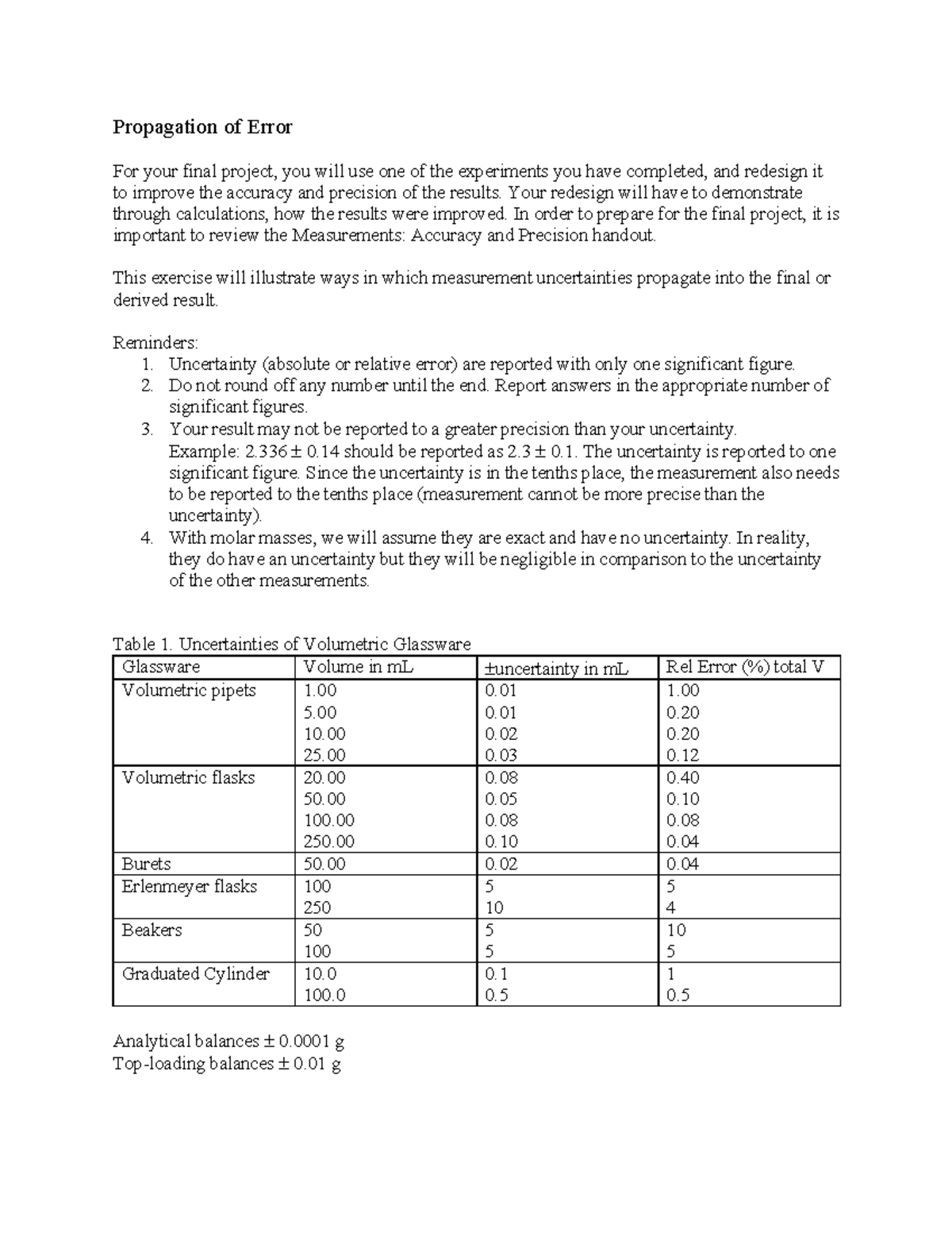 Propagation of Error Worksheet - Propagation of Error For your final project, you will use one ...