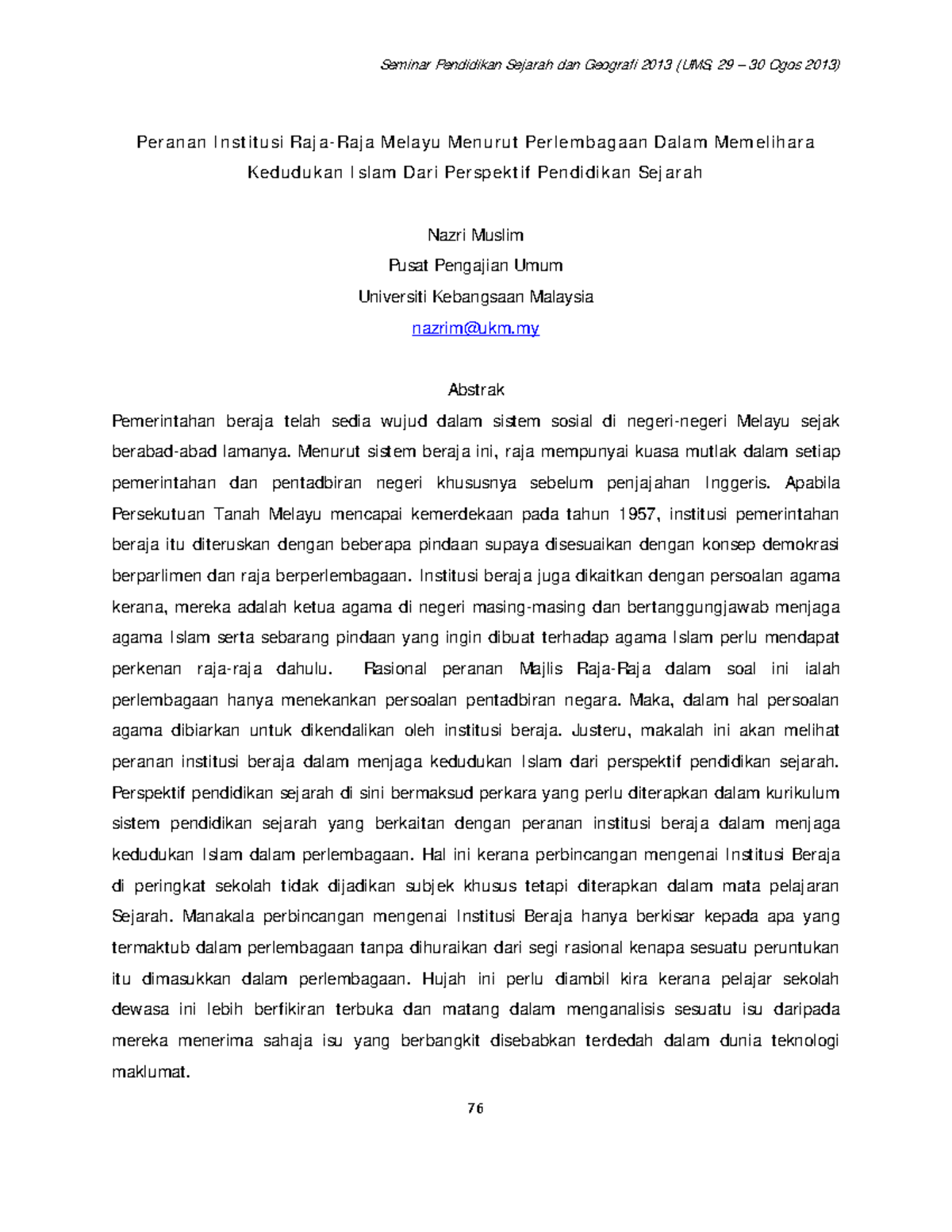 Peranan institusi raja-raja melayu menurut perlembagaan dalam ...