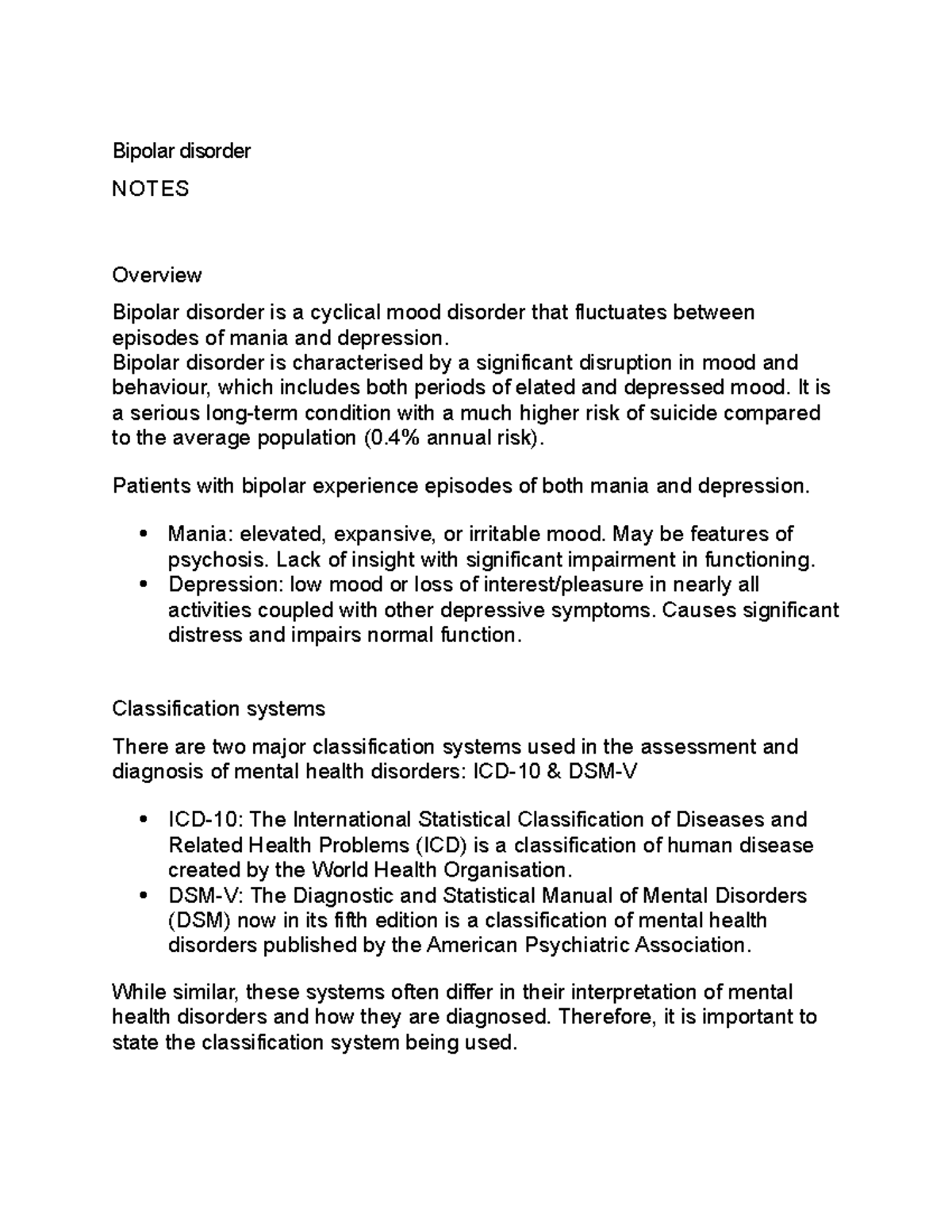 Bipolar disorder - Lecture notes 1 - Bipolar disorder NOTES Overview ...