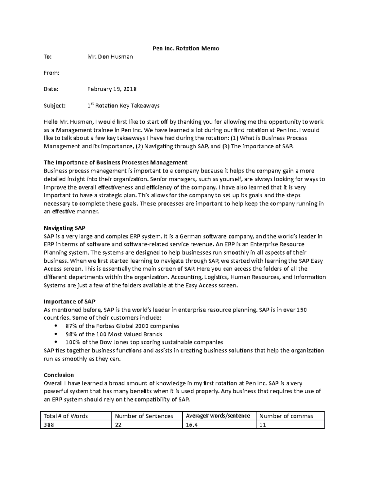 Memo 1 Example - Professor McBride - Pen Inc. Rotation Memo To: Mr. Don ...