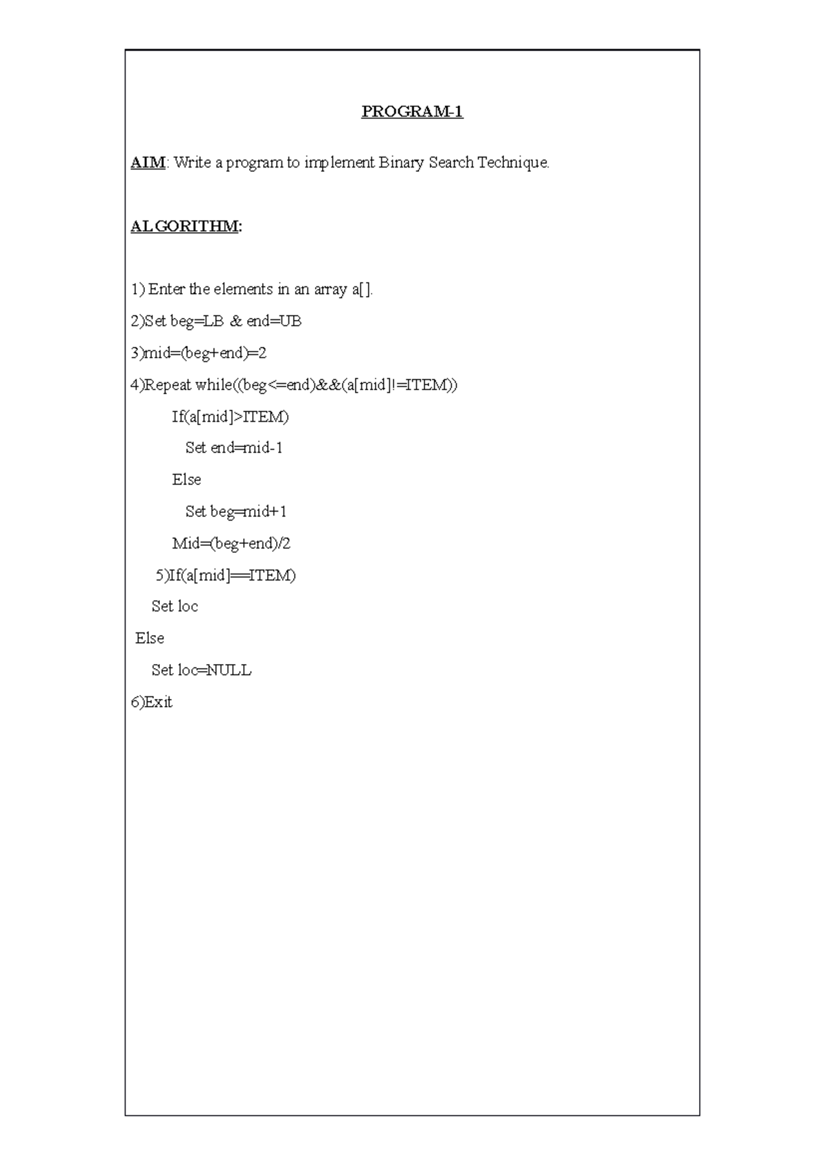 ADA File - PROGRAM- AIM : Write a program to implement Binary Search ...