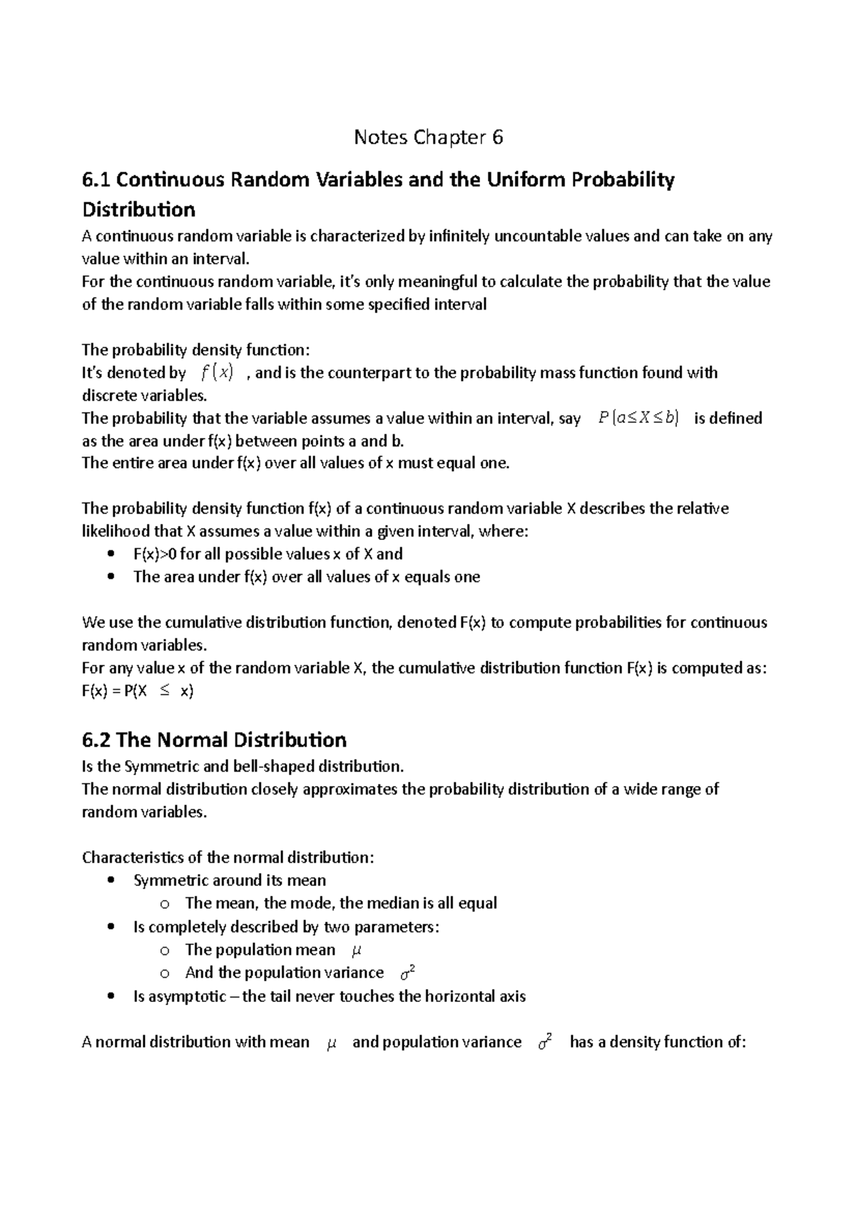 Notes for chapter 6 - Notes Chapter 6 6 Continuous Random Variables and ...